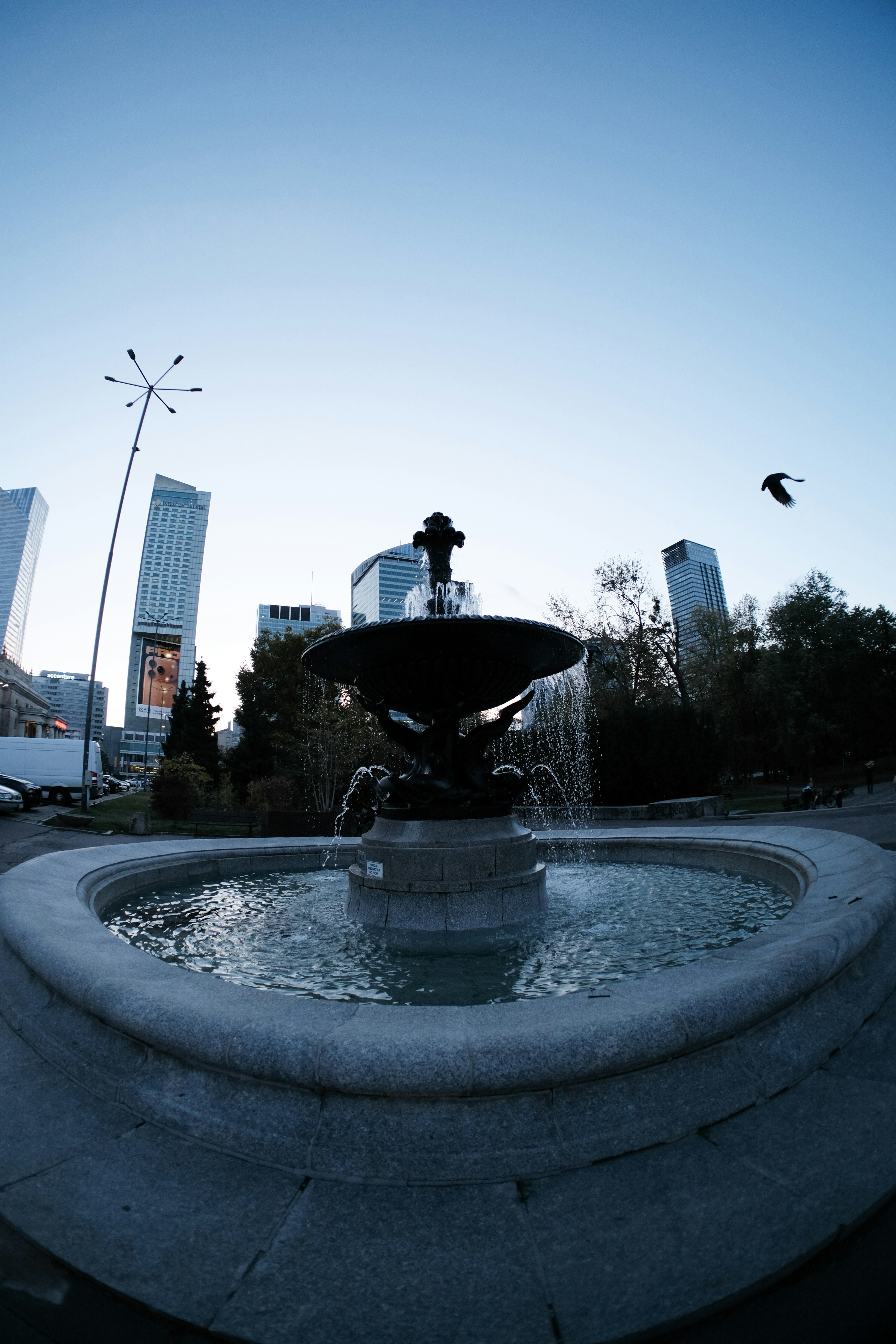 A historic fountain surrounded by modern skyscrapers, with water cascading gracefully and a bird in flight above. The scene captures the juxtaposition of nature and urban life.