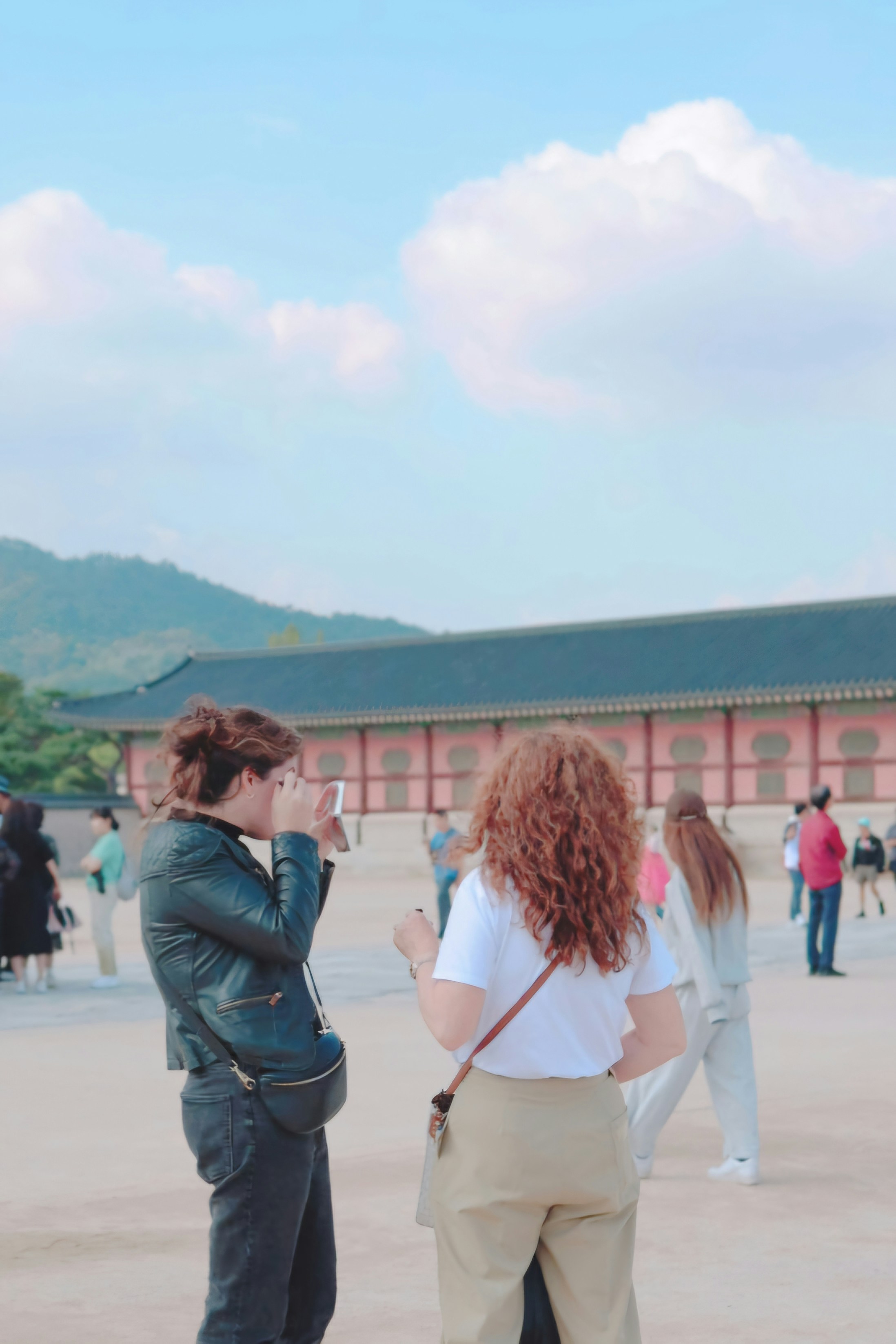 Two individuals engaged in conversation amidst a historical backdrop, with a blend of lush greenery and architectural elegance.
