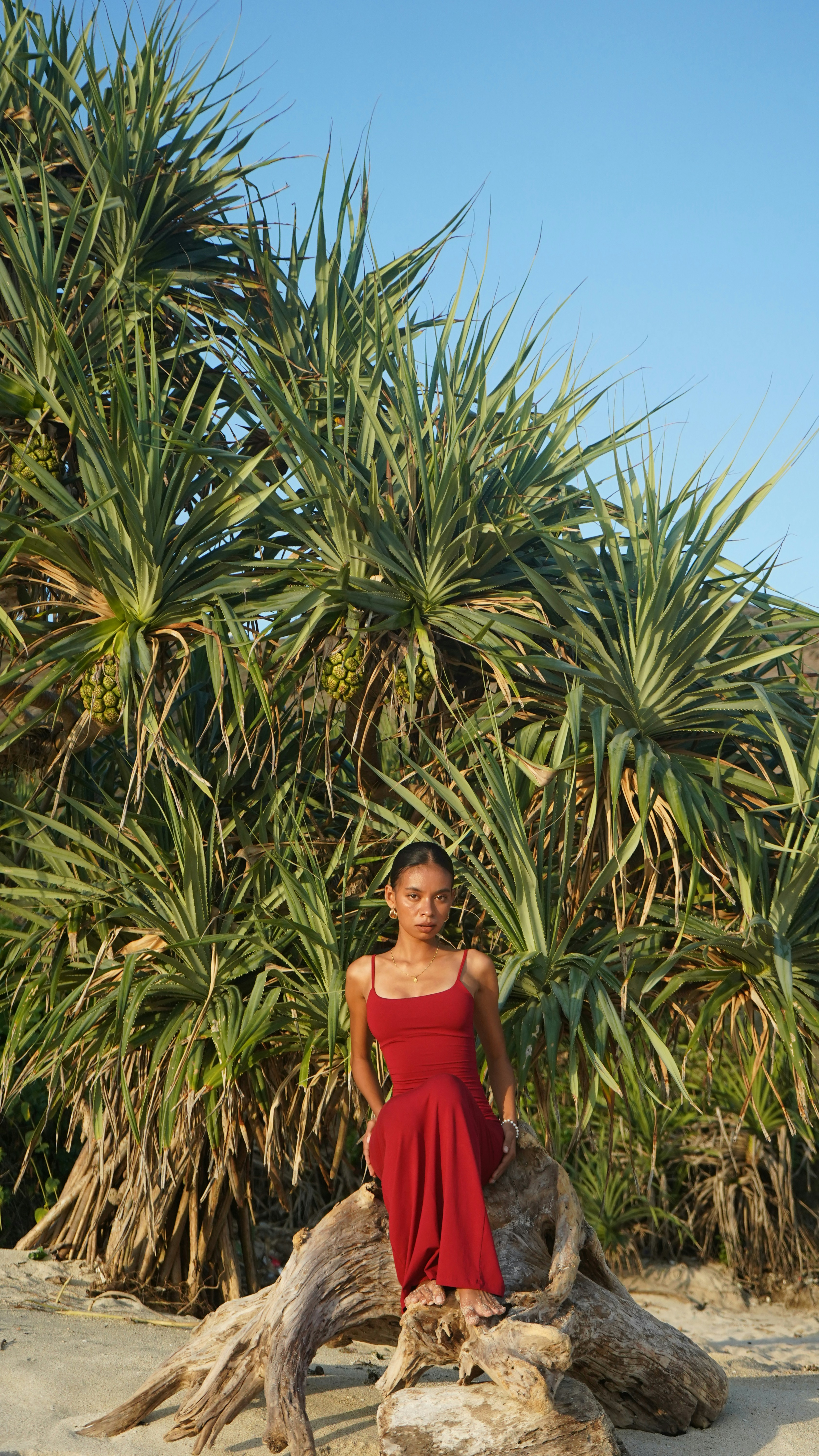 Beautiful girl in red dress on white sand beach, surrounded by lush greenery. | Woman in red dress sits on driftwood near tropical plants.