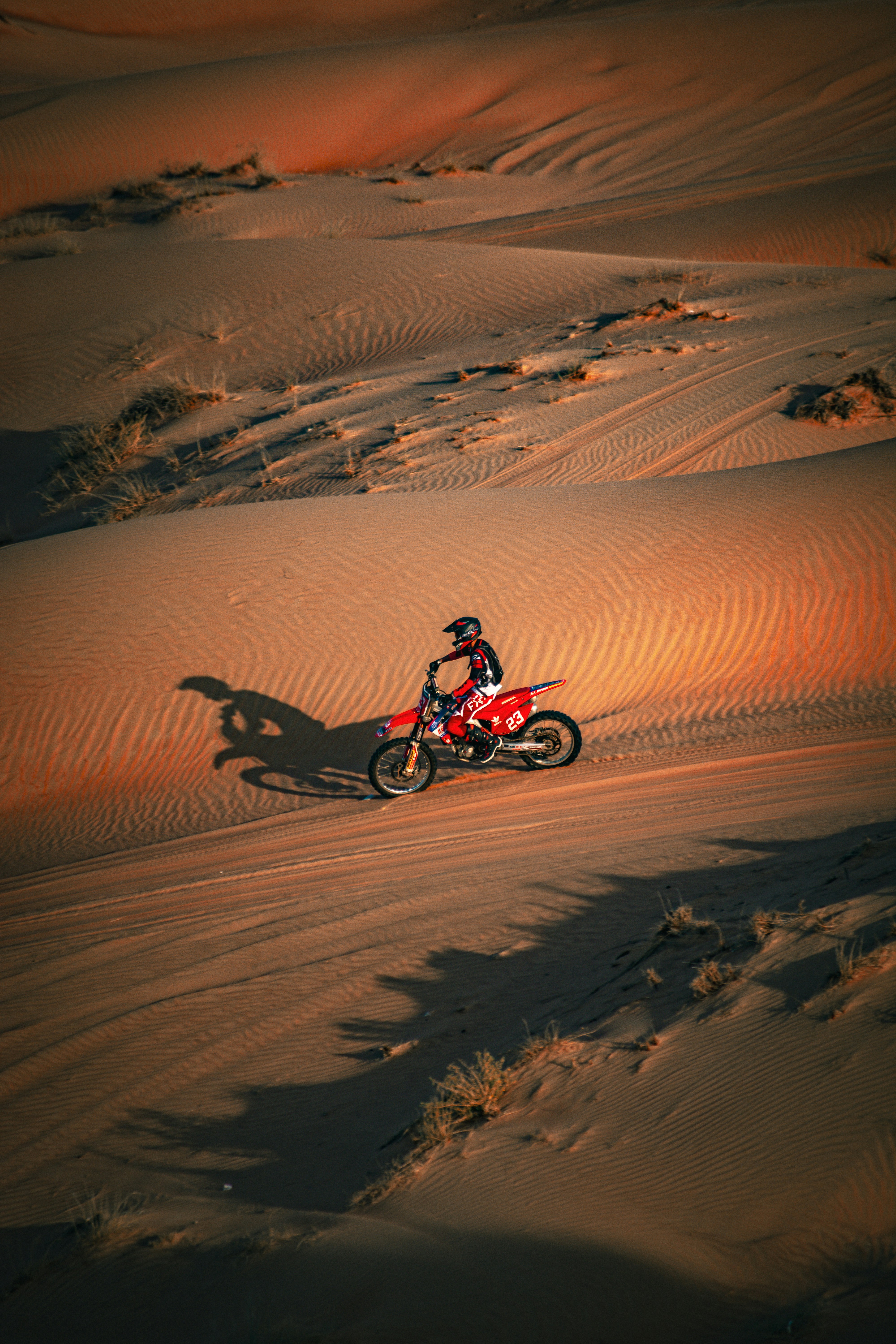Motorcyclist riding on sand dunes at sunset