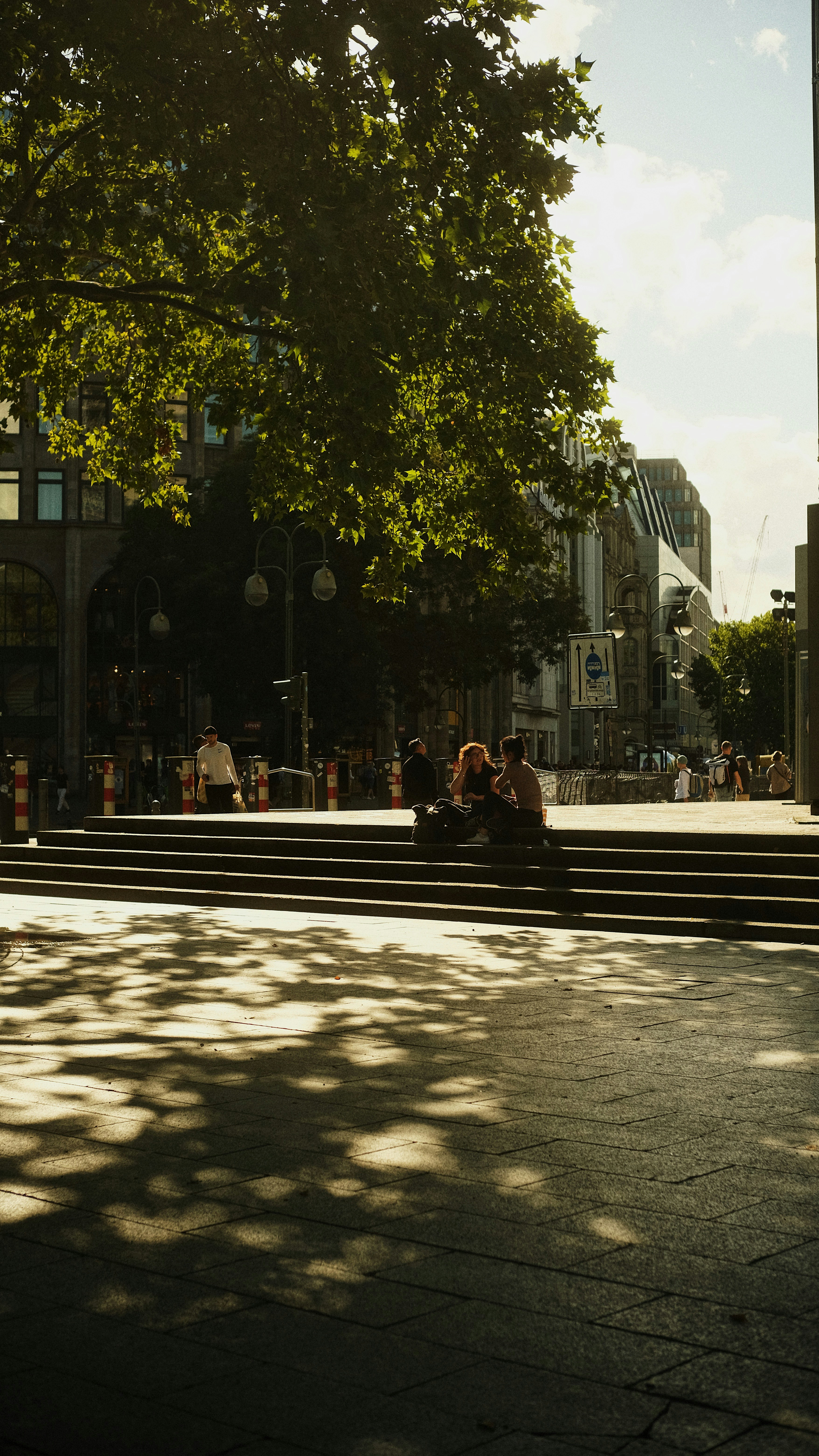 Couple sitting on steps with dappled sunlight