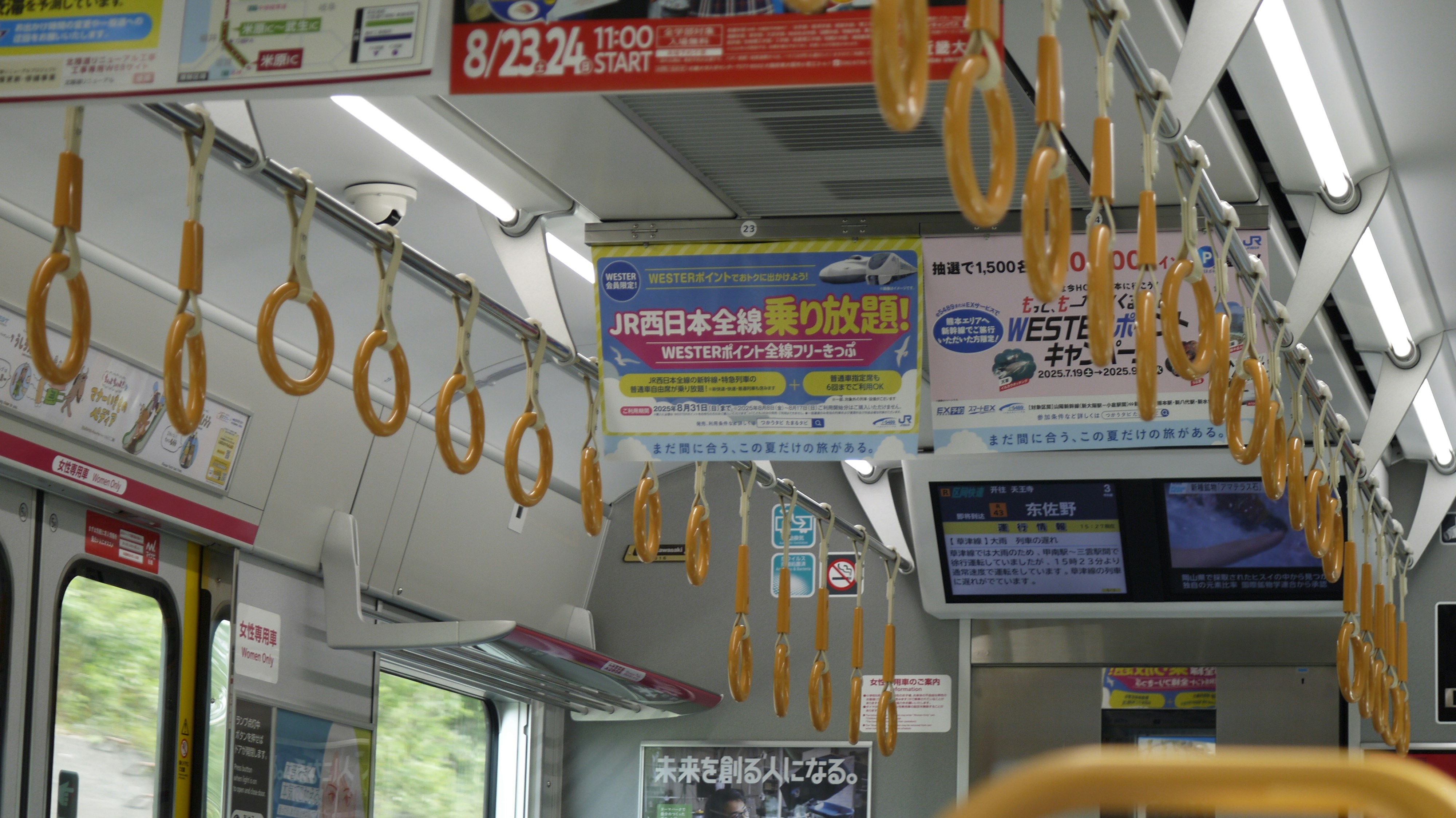Yellow hand straps hanging inside a train