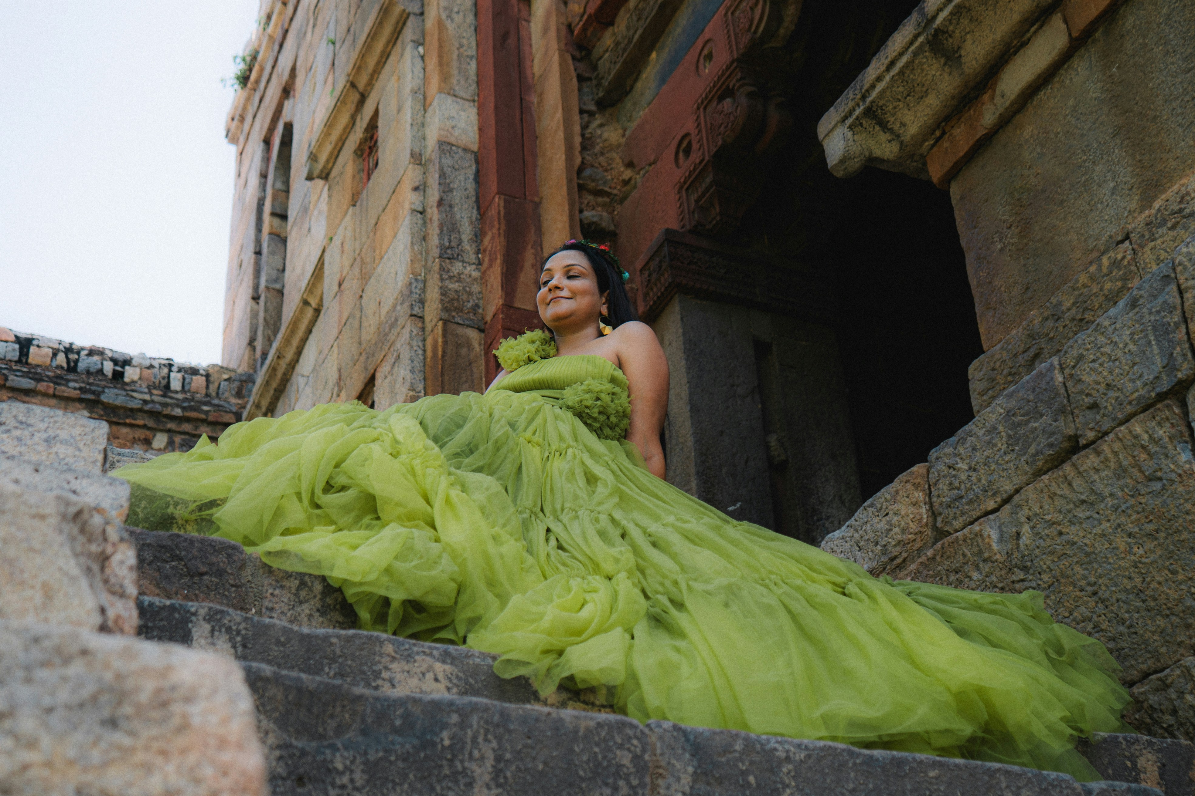 Emerald Silk on Weathered Steps: a Portrait on Ancient Stone