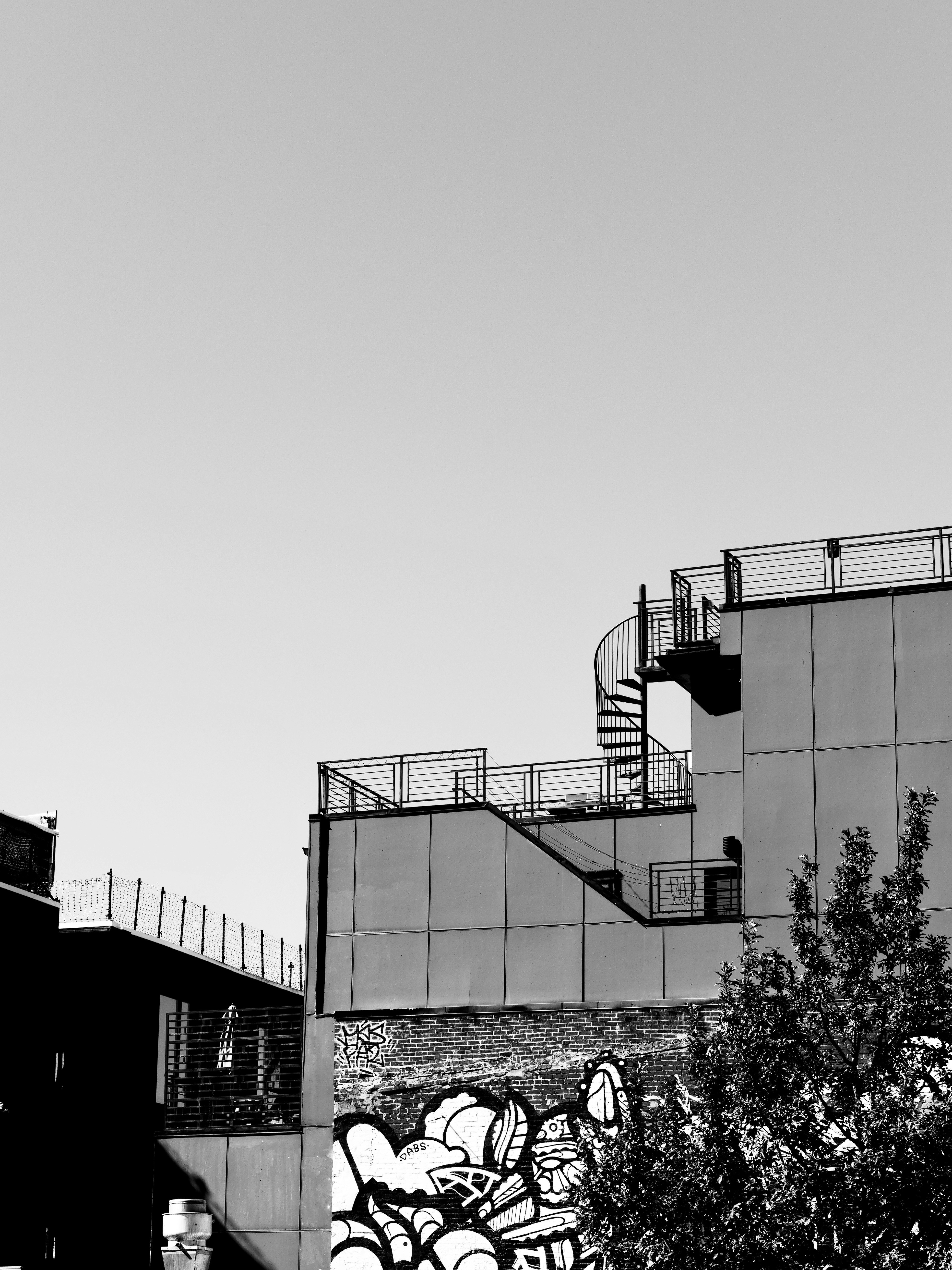 Rooftop Spiral and Graffiti: A Monochrome Urban Slice
