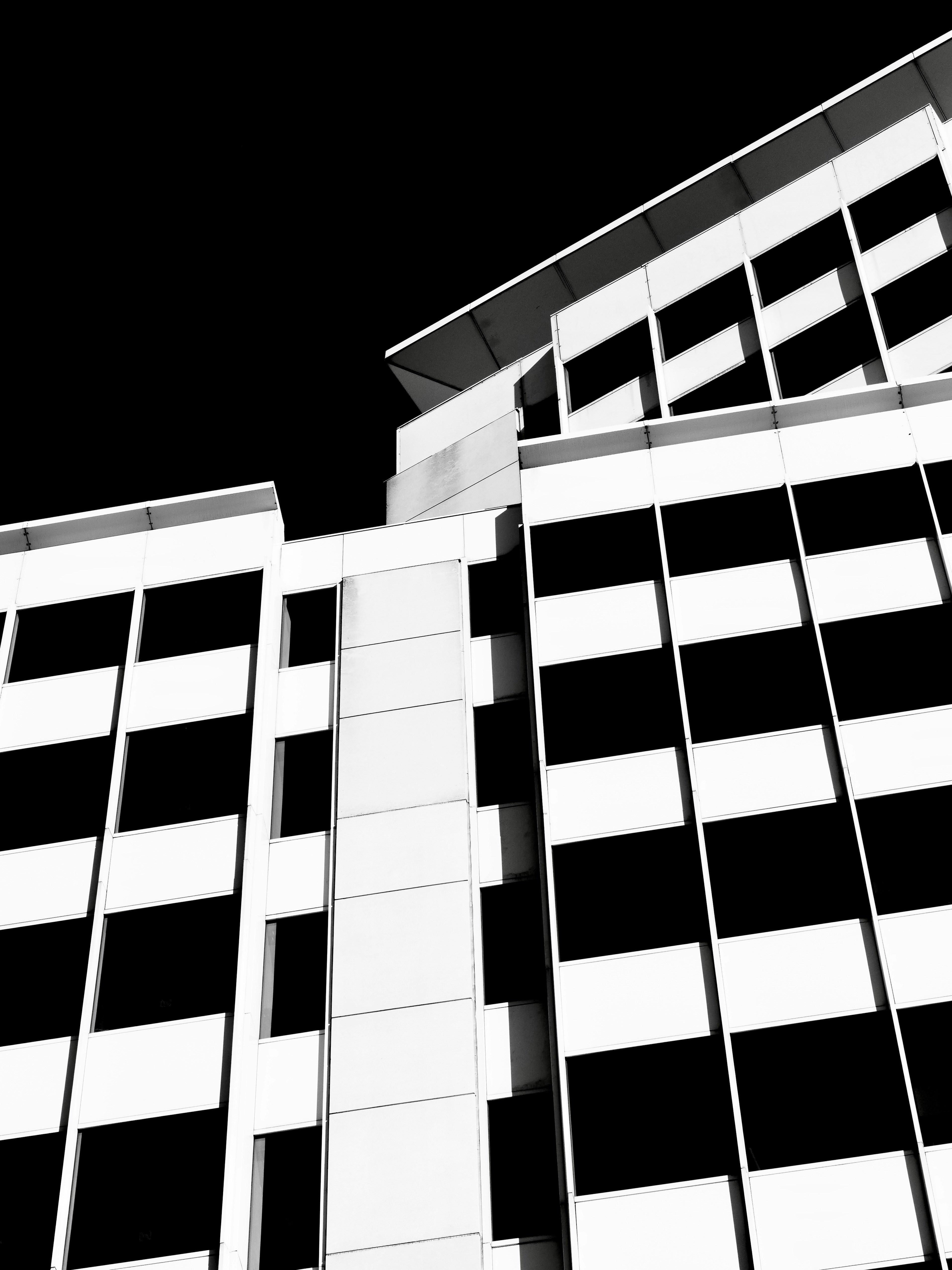 Monochrome Grid: Precision Angles on a Striped Glass Facade