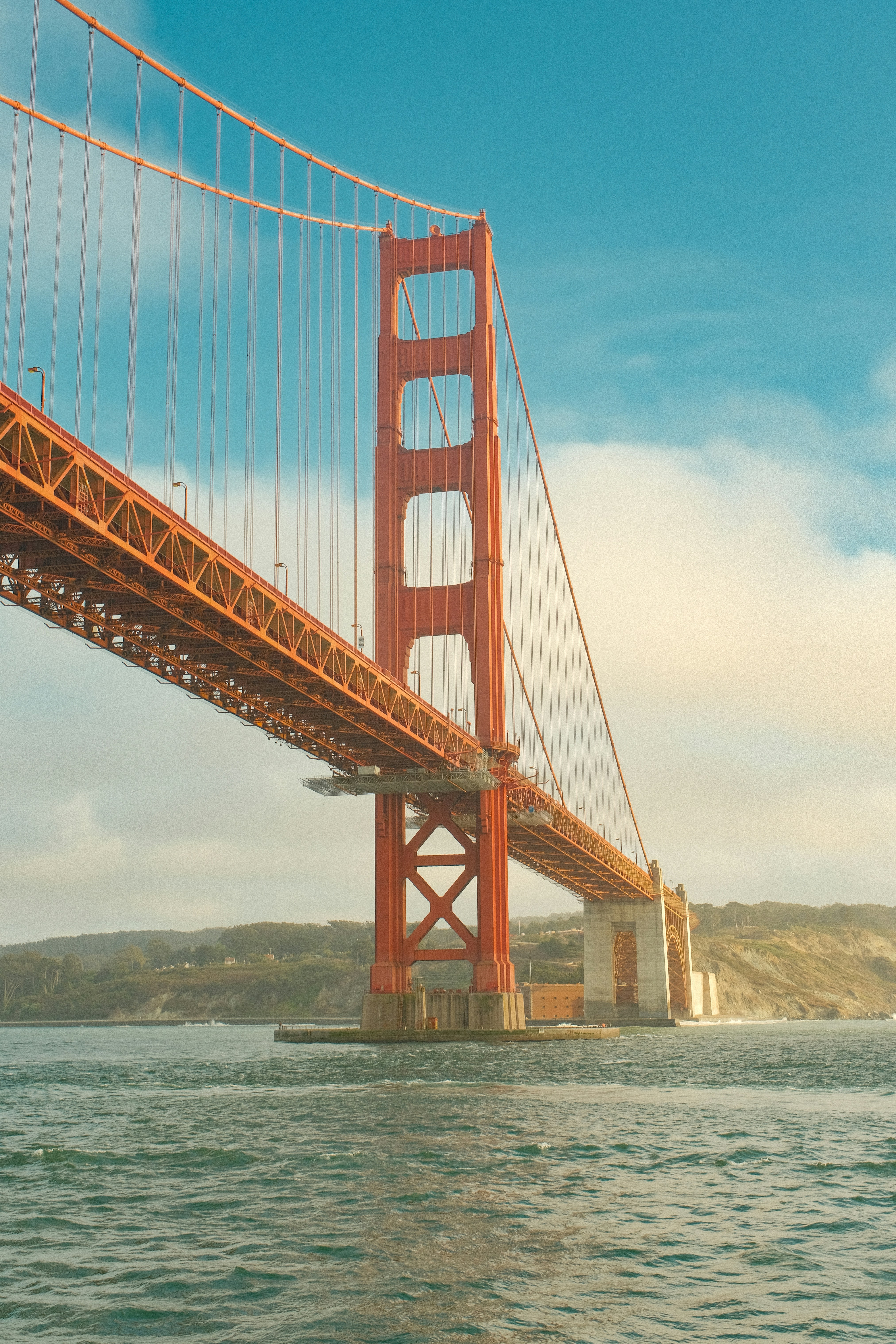 Golden gate bridge over water with blue sky