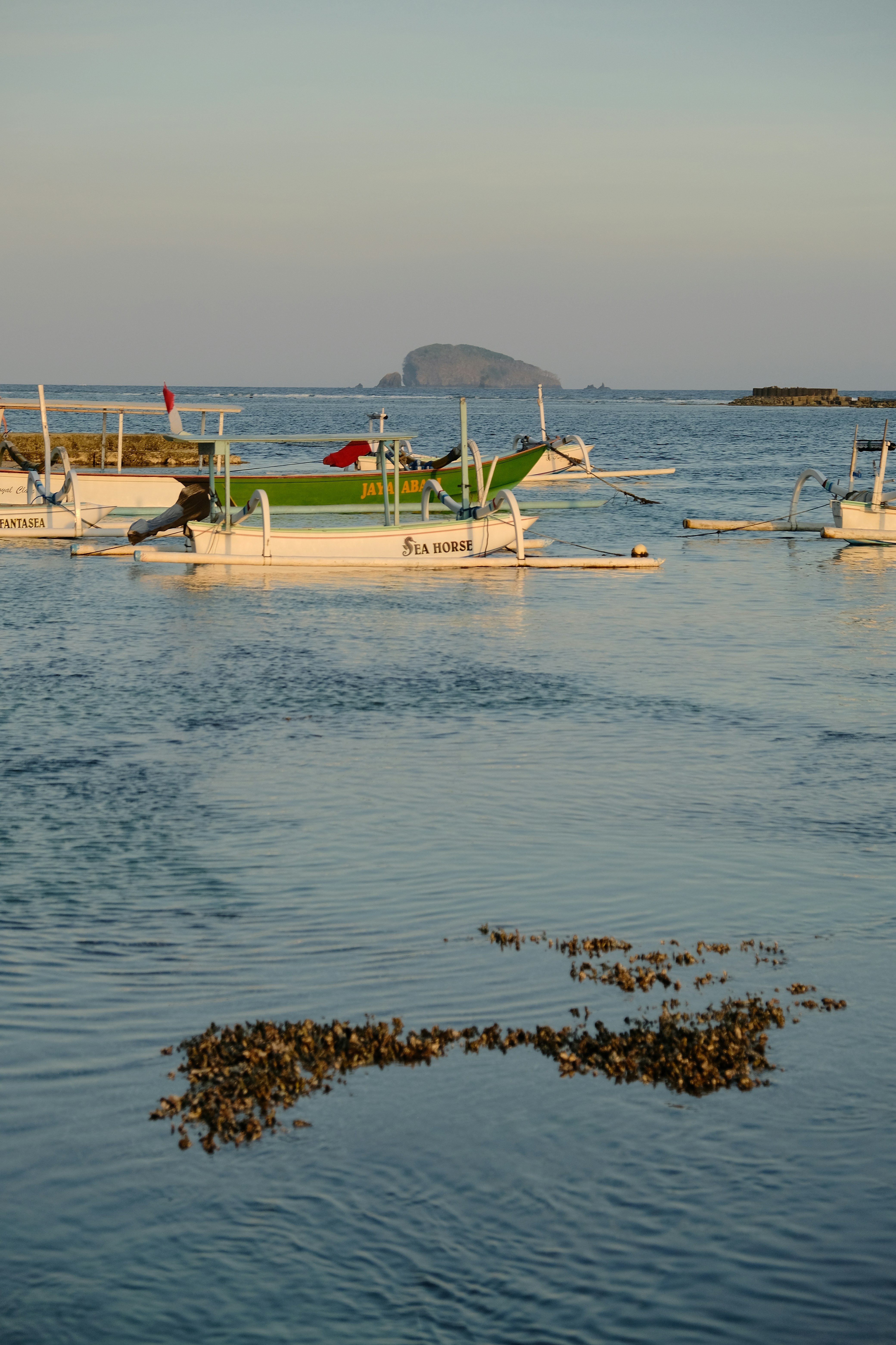 Fishing boats rest on calm ocean water near shore.