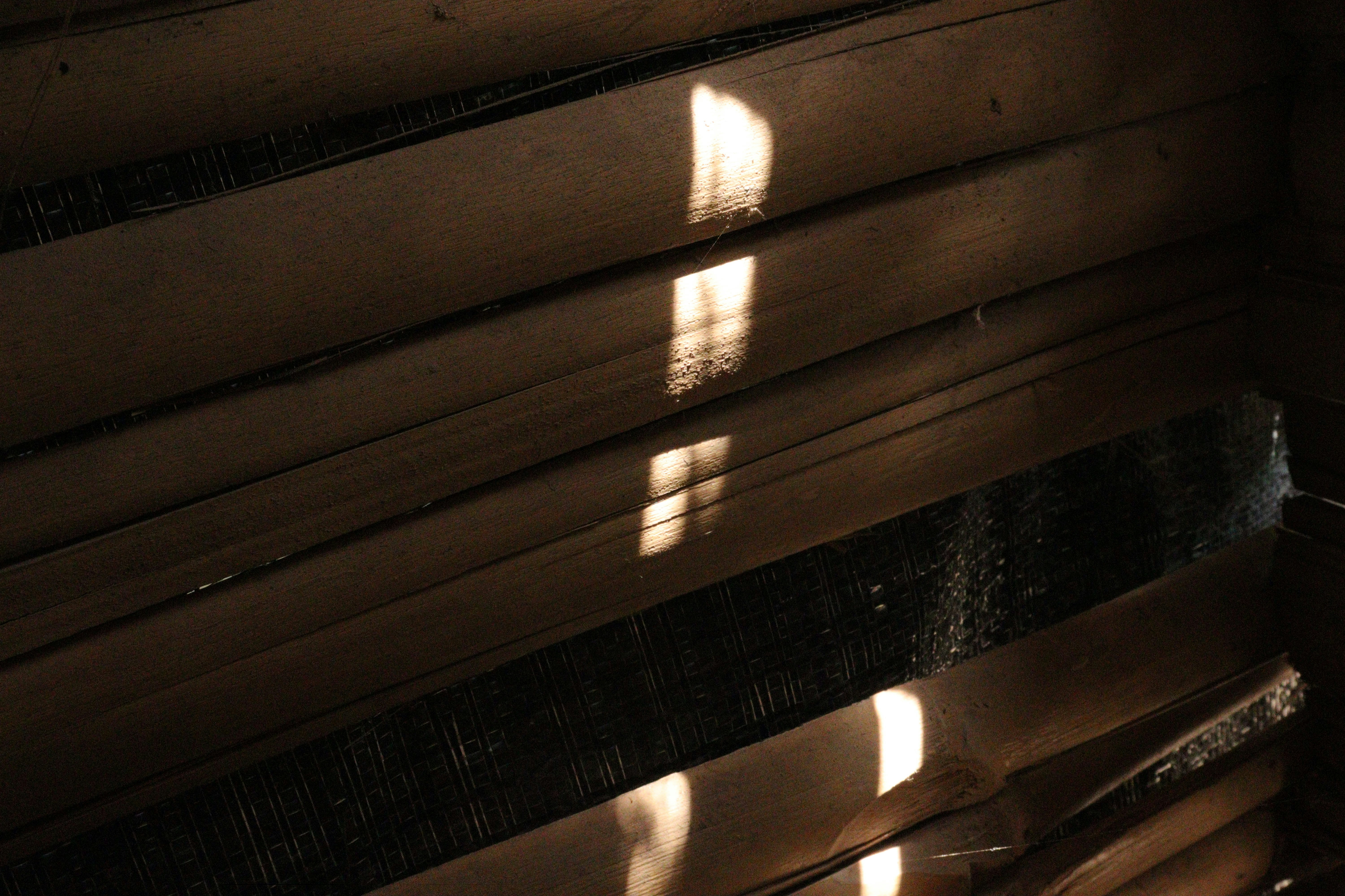 When light touches something, it transforms it. | Sunlight streams through wooden planks, creating shadows.