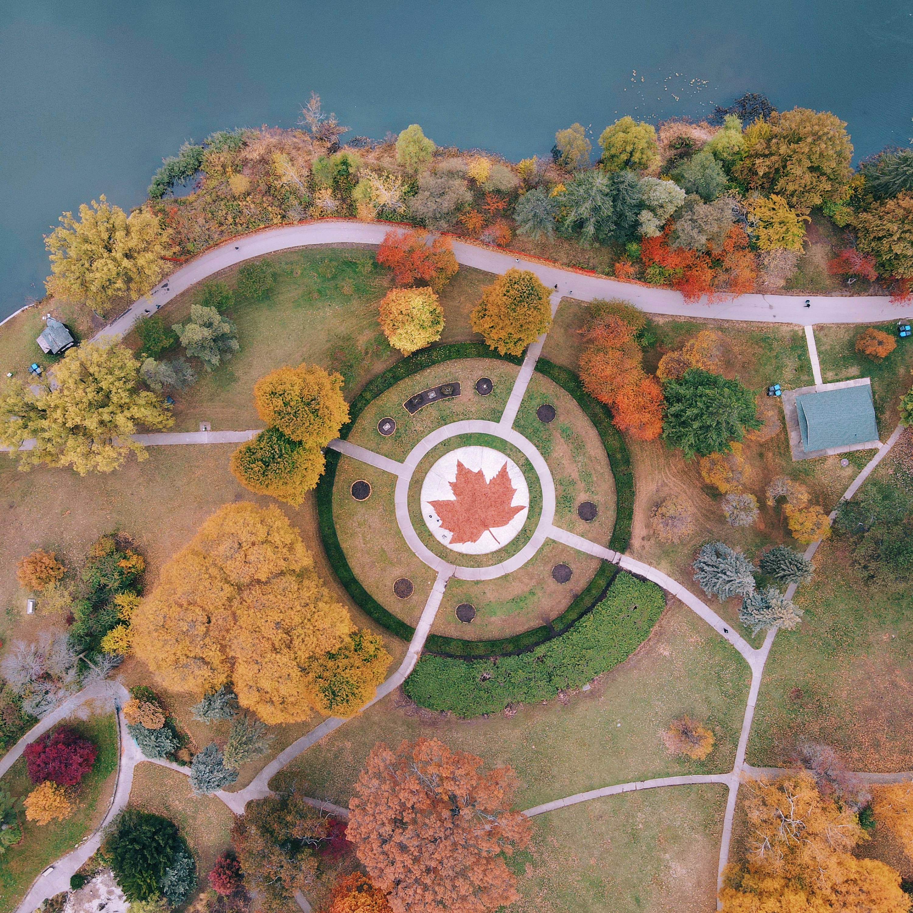 Aerial view of a circular garden featuring a central maple leaf design, surrounded by vibrant autumn foliage and winding pathways.
