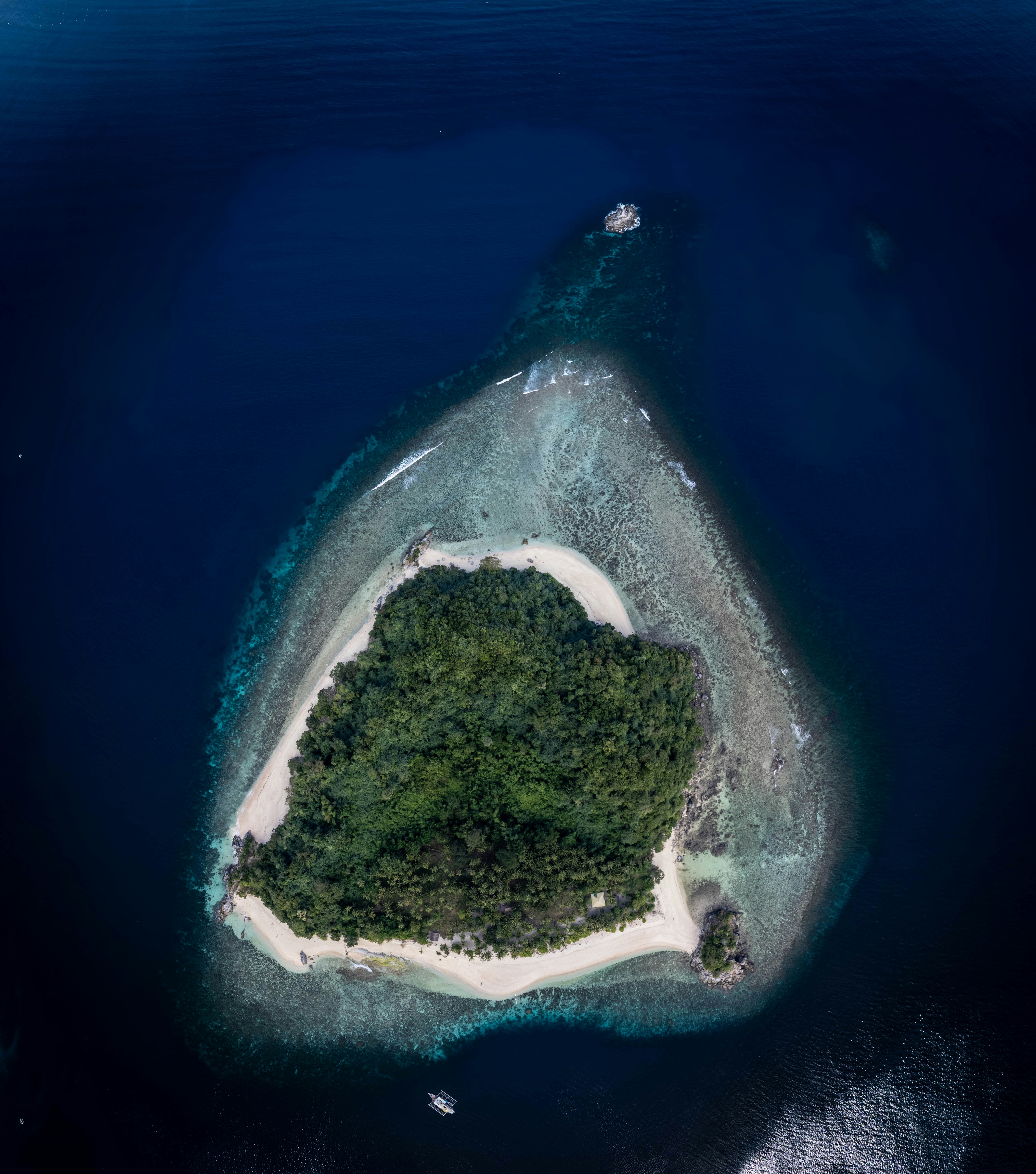 Tropical island with lush green trees and white sand beach.