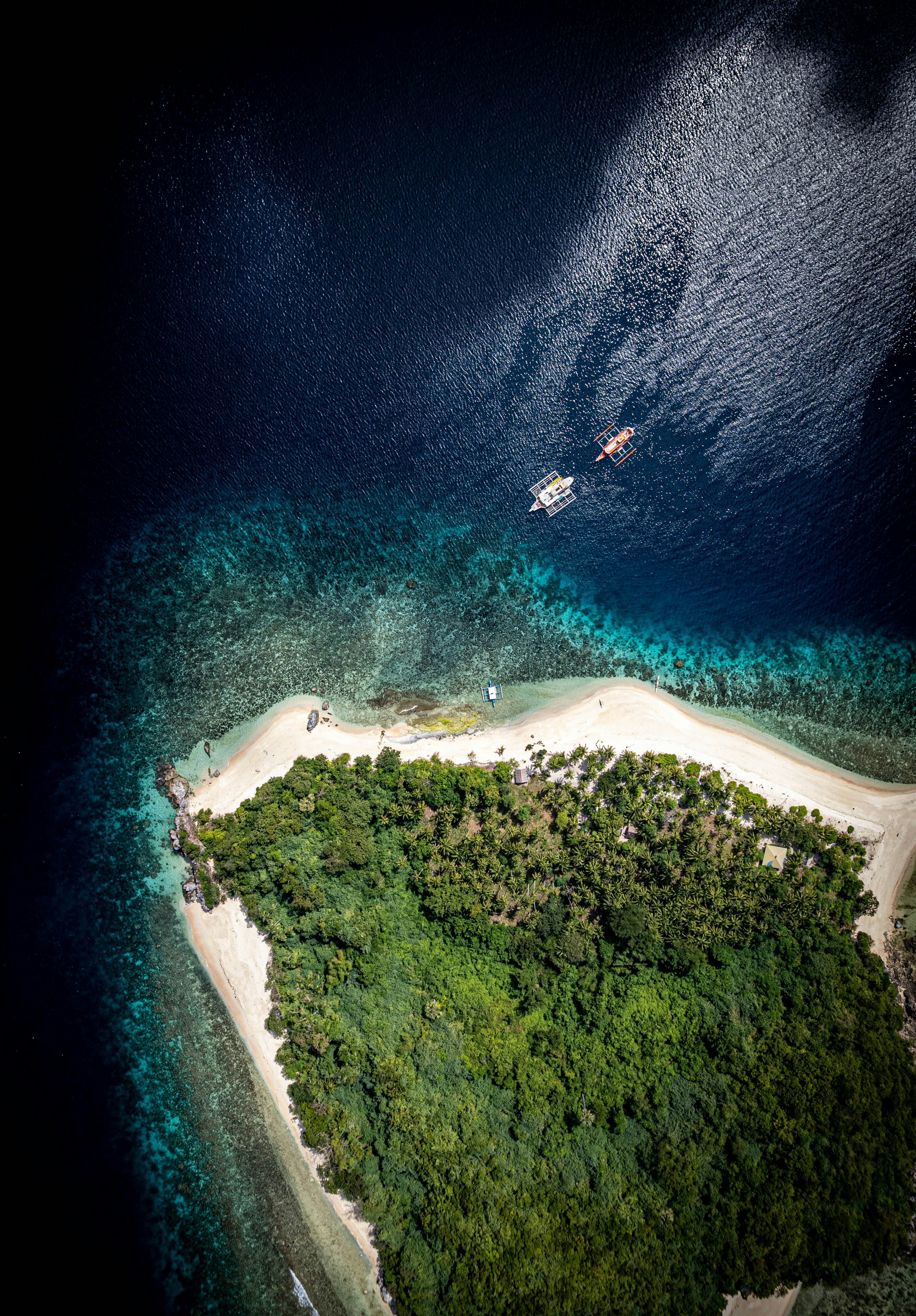Aerial view of a lush, green island surrounded by vibrant turquoise waters and a sandy beach, showcasing the beauty of tropical landscapes.