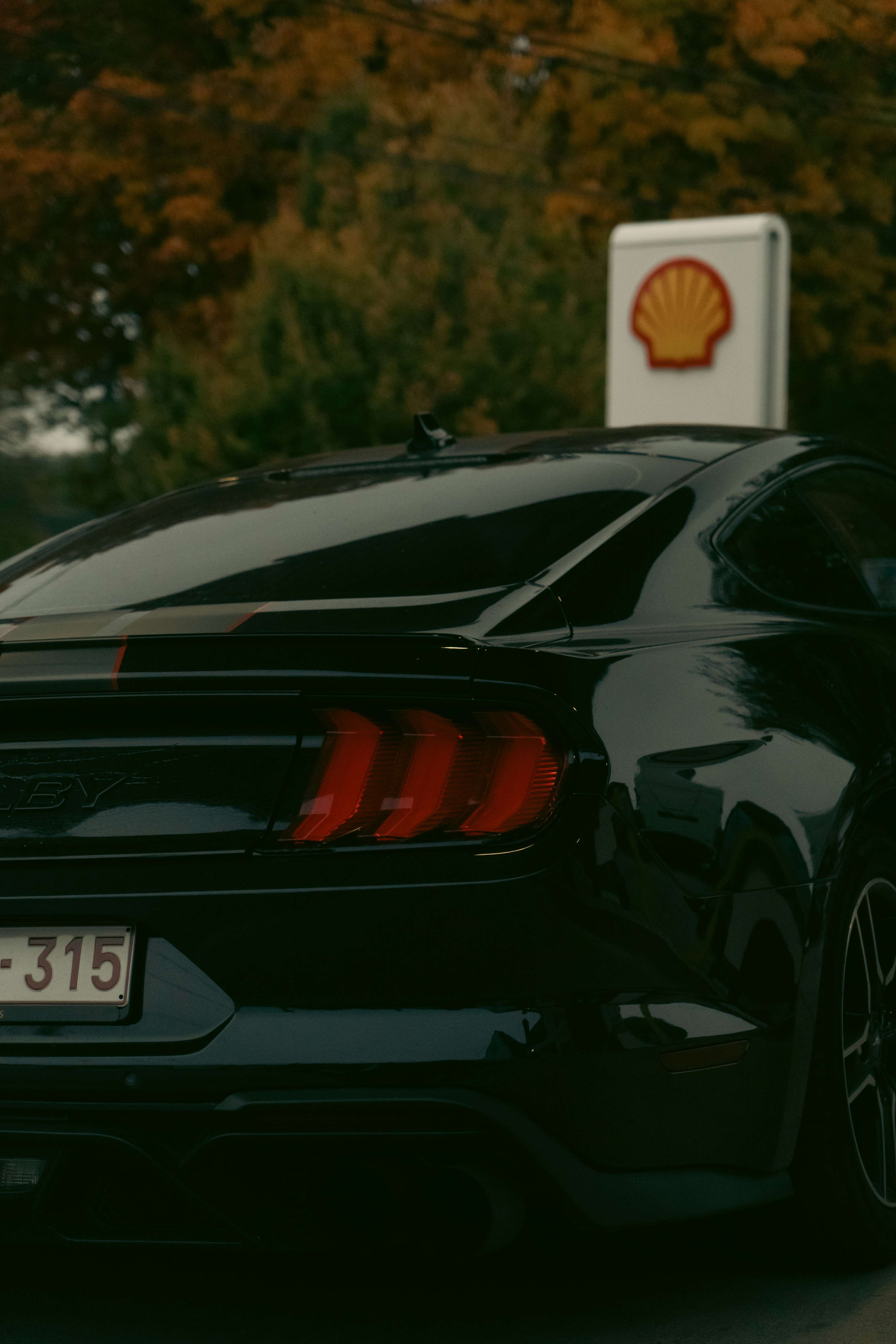 Shelby | Black ford mustang parked at a shell gas station