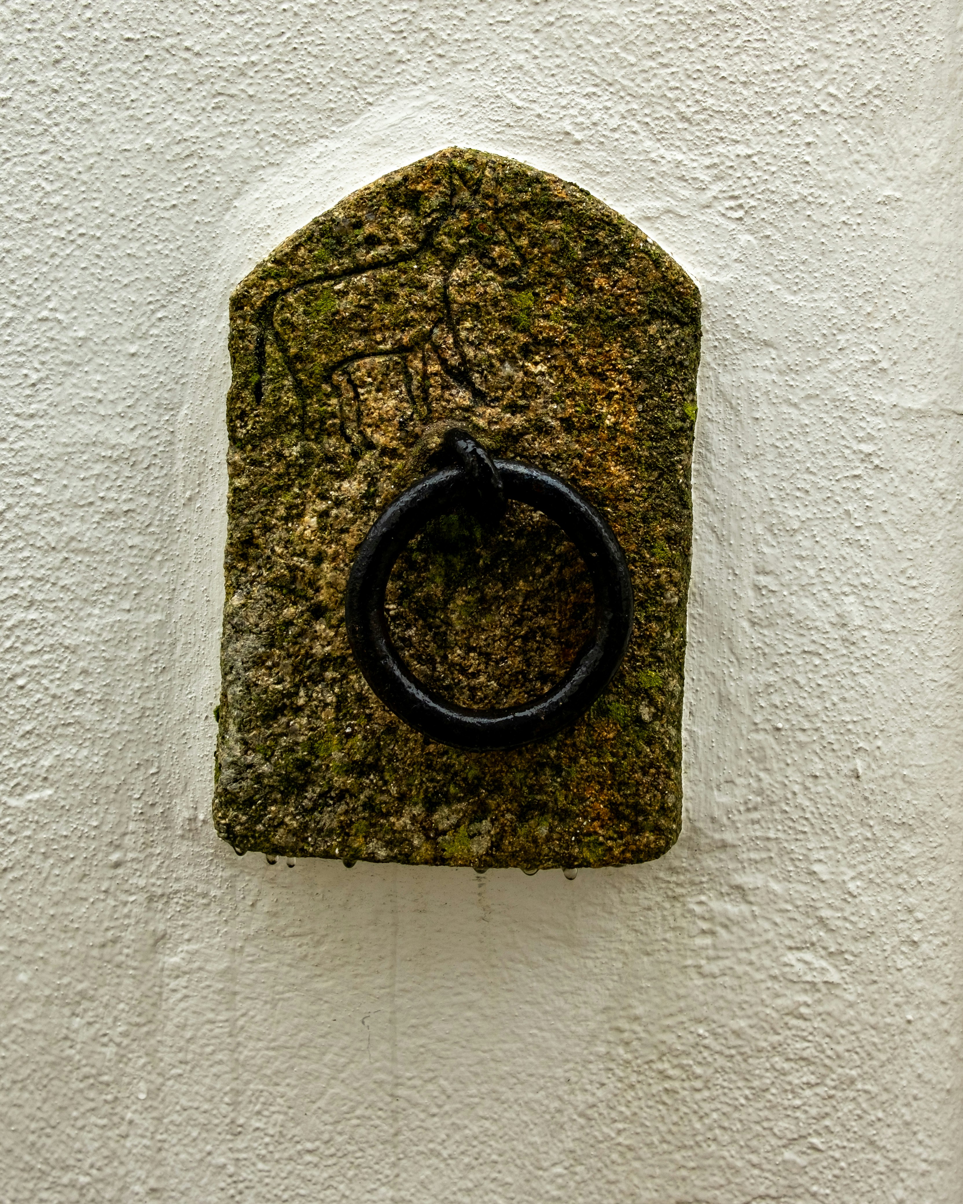 Stone door knocker with etched animal design