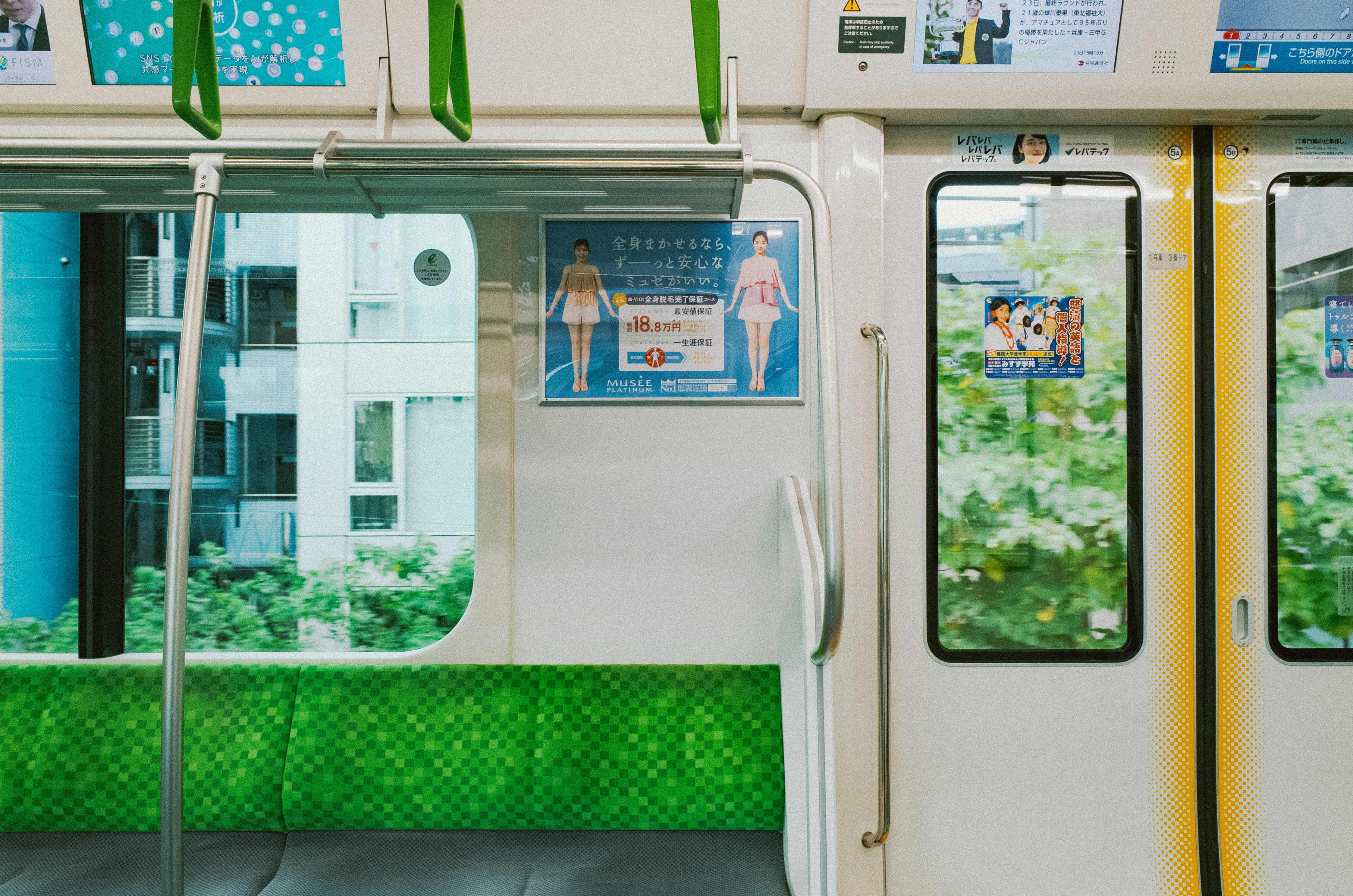 Ad Framing in a Green-Seat Subway Car: Posters, Doors, and Morning Light