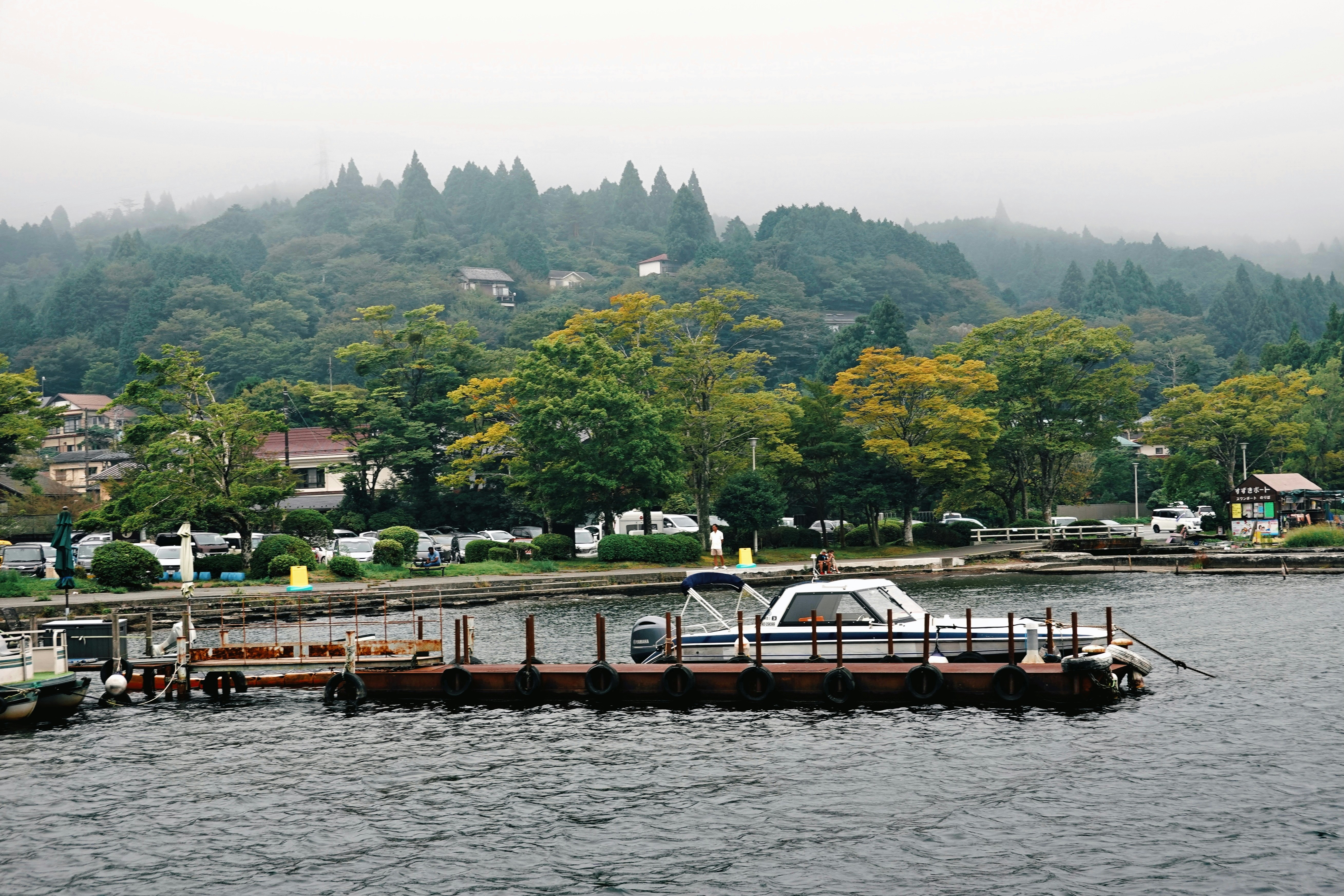 A car on a floating dock by a lake.