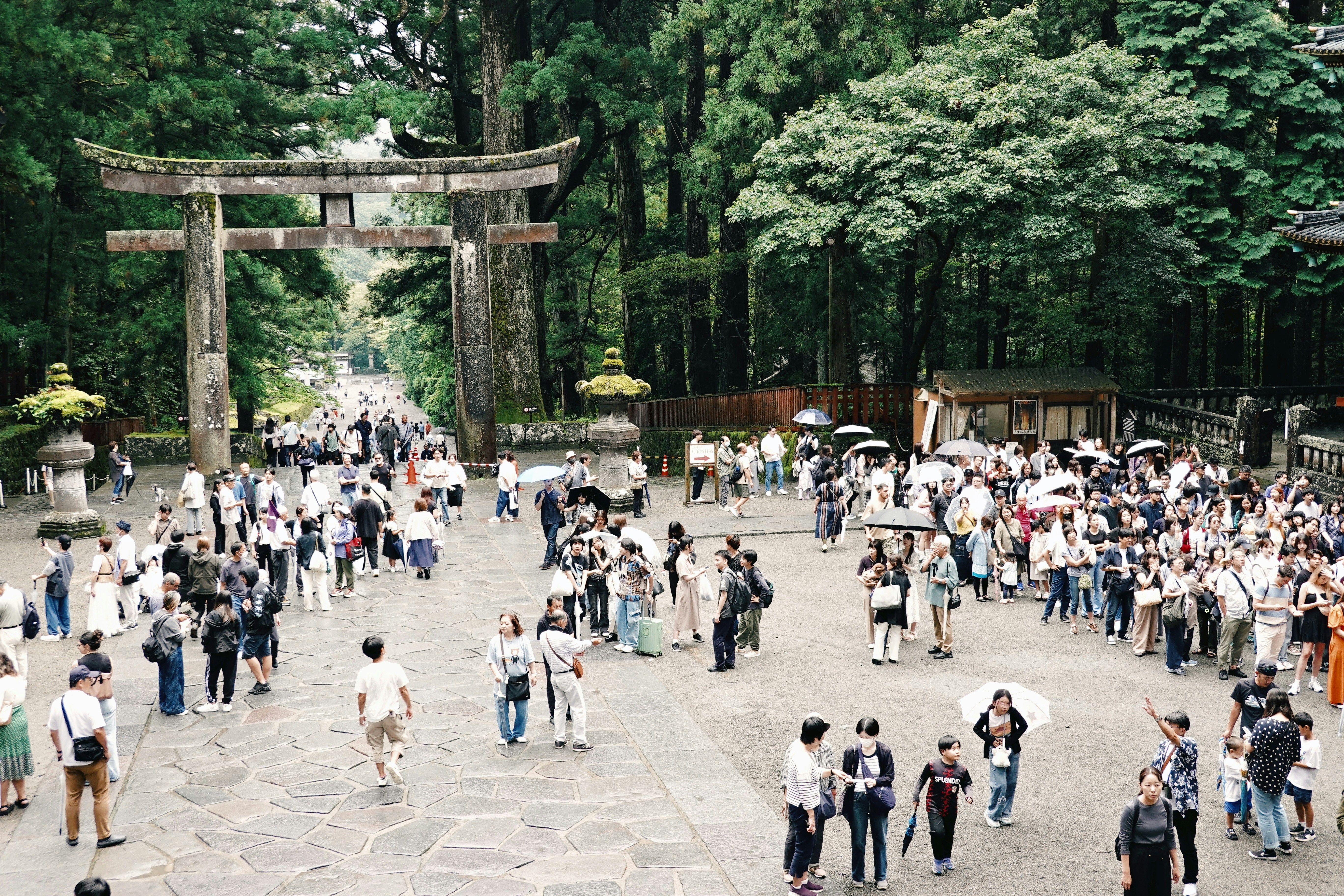 Crowd of people gathered near a large wooden torii gate.