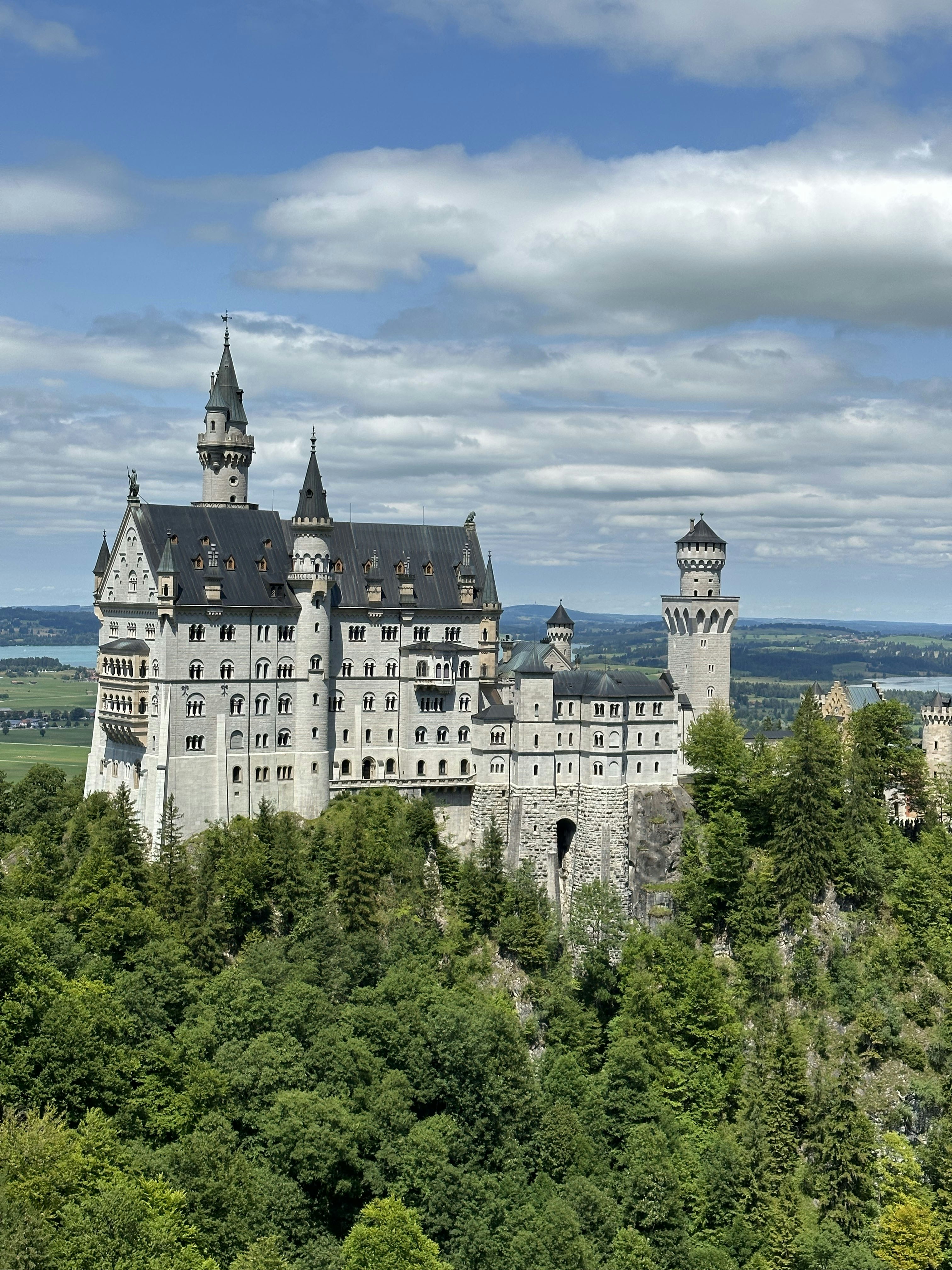 Neuschwanstein Castle is a German palace built in the second half of the 19th century, near the cities of Schwangau and Füssen, in southwestern Bavaria, just a few dozen kilometers from the border with Austria. | A majestic castle perched atop a lush green hill.