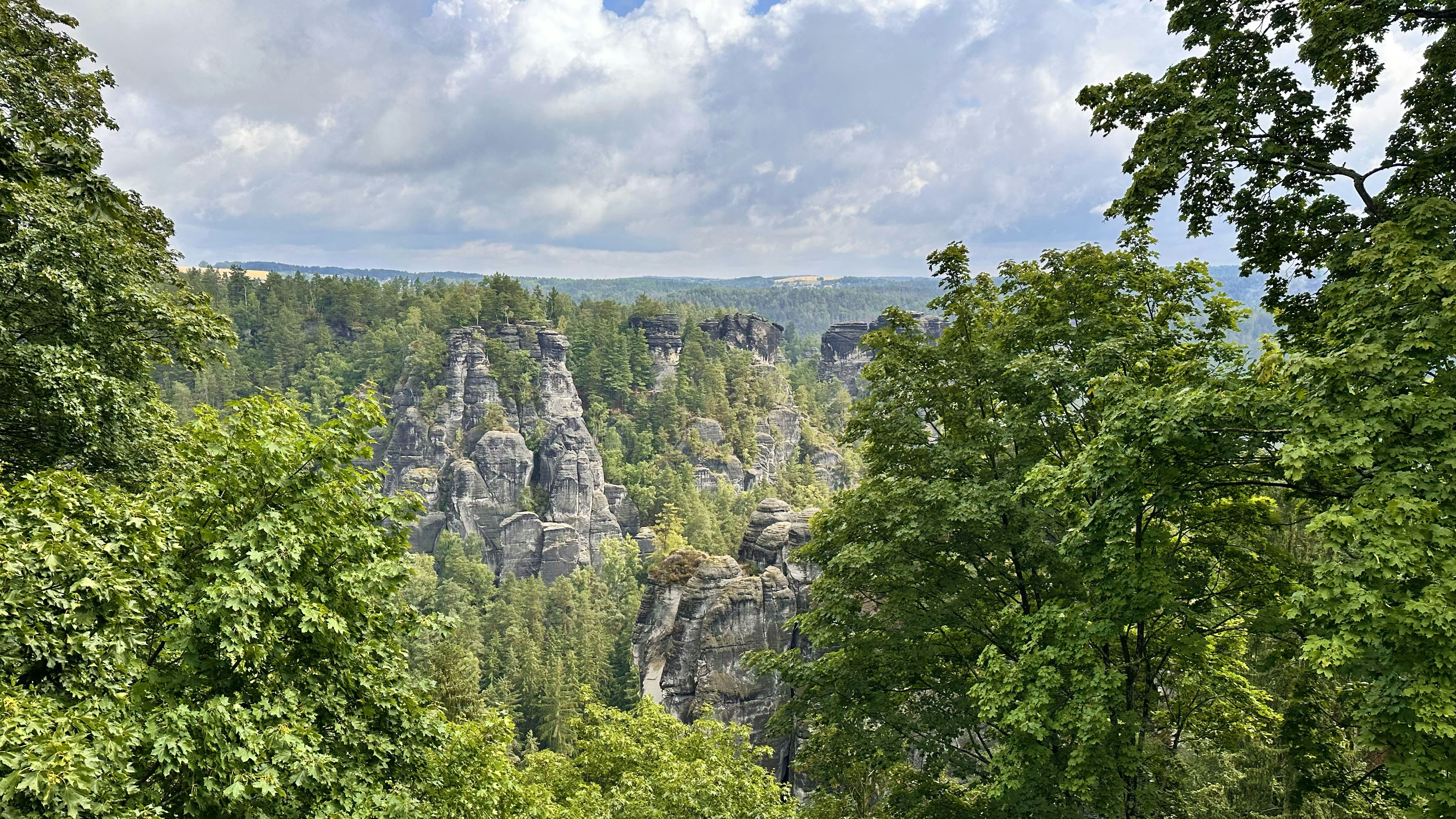 Rocky forest landscape with dramatic sandstone formations