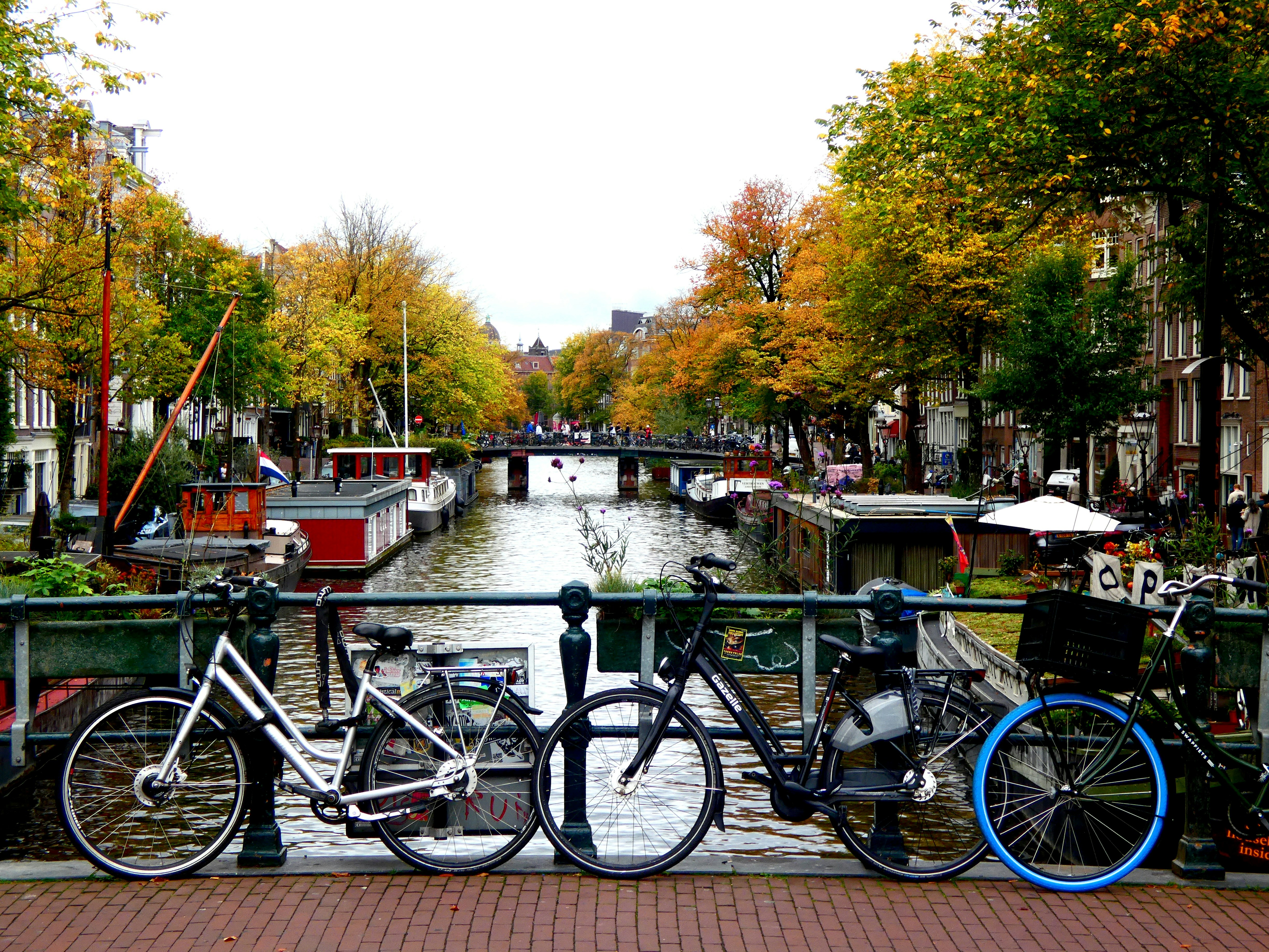 Bicycles parked on a bridge overlooking a canal.