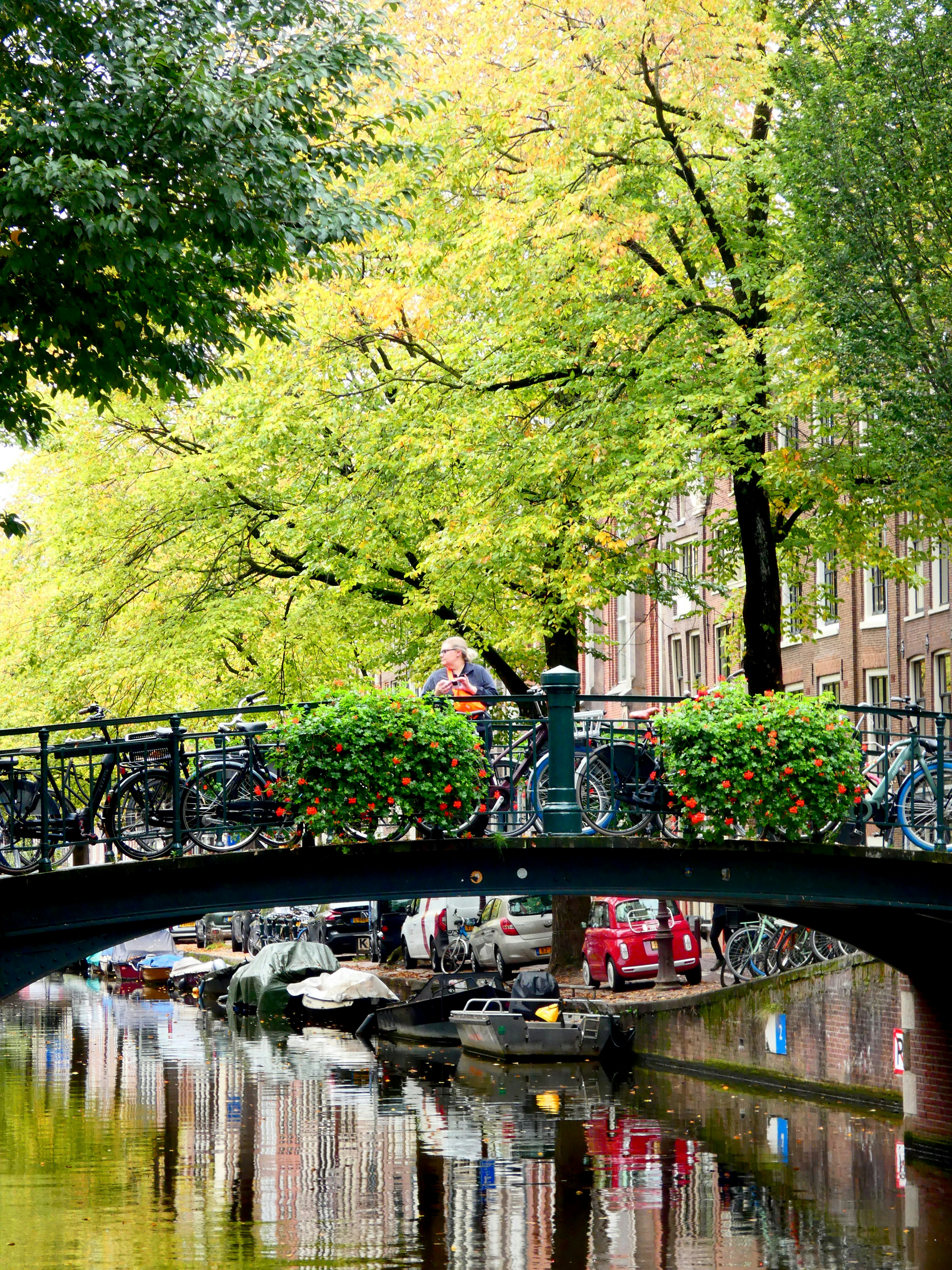 A quaint bridge adorned with vibrant flowers spans a tranquil canal, where bicycles line the railing and boats float gently below. The scene captures the essence of city life amidst nature.