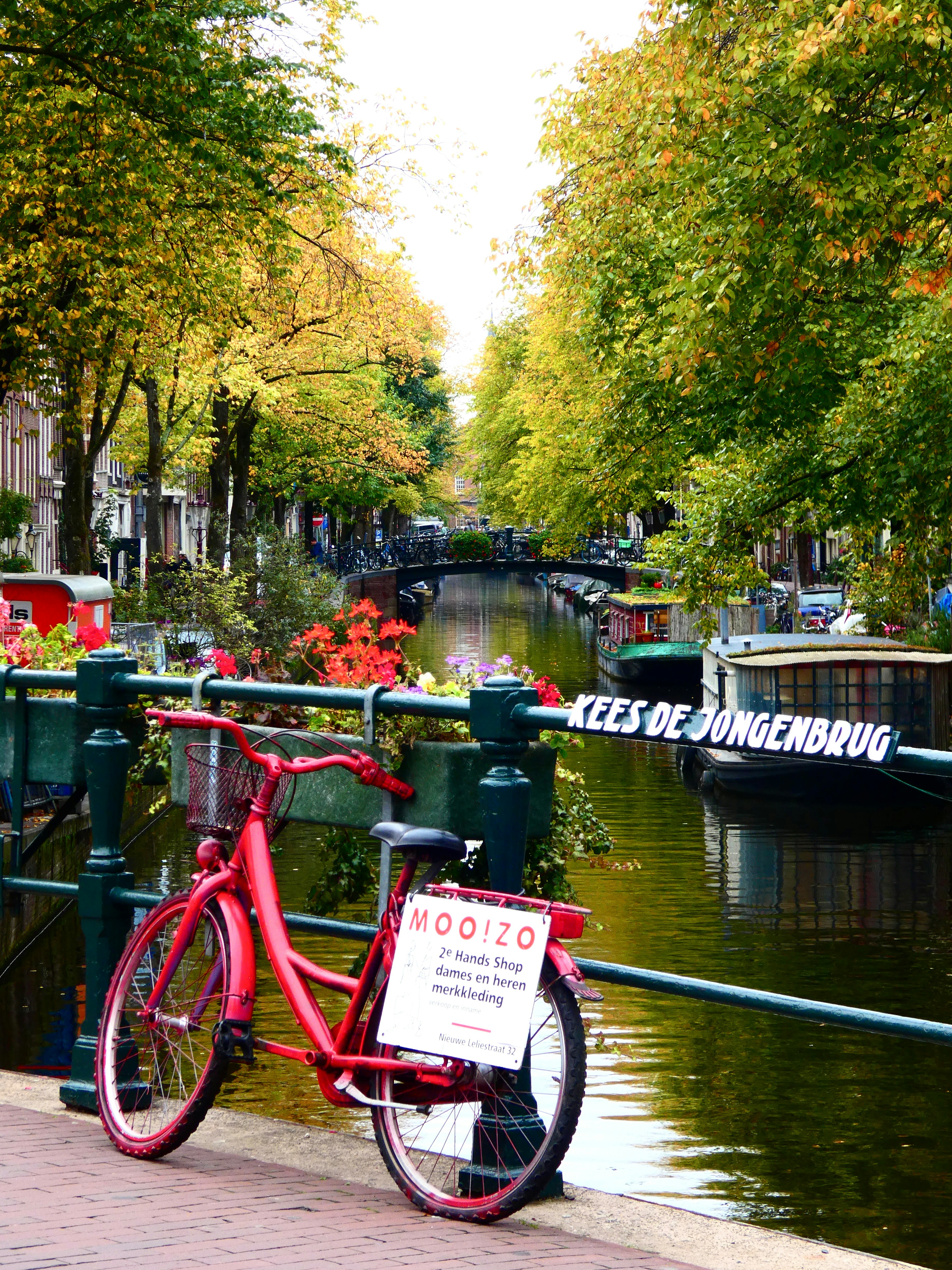 Red bicycle parked by a canal in amsterdam