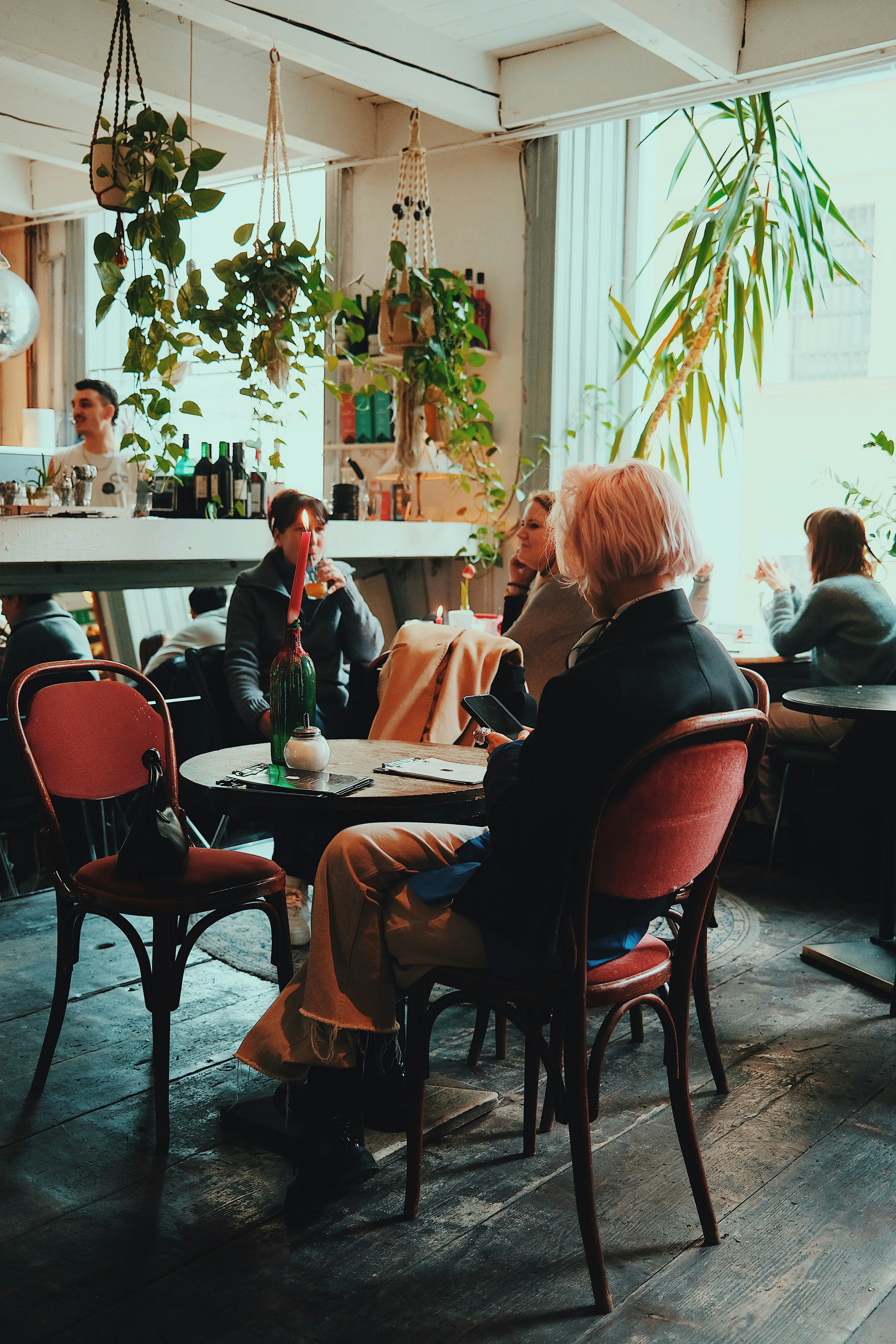 A cozy café scene featuring patrons engaged in conversation, surrounded by lush greenery and soft lighting.