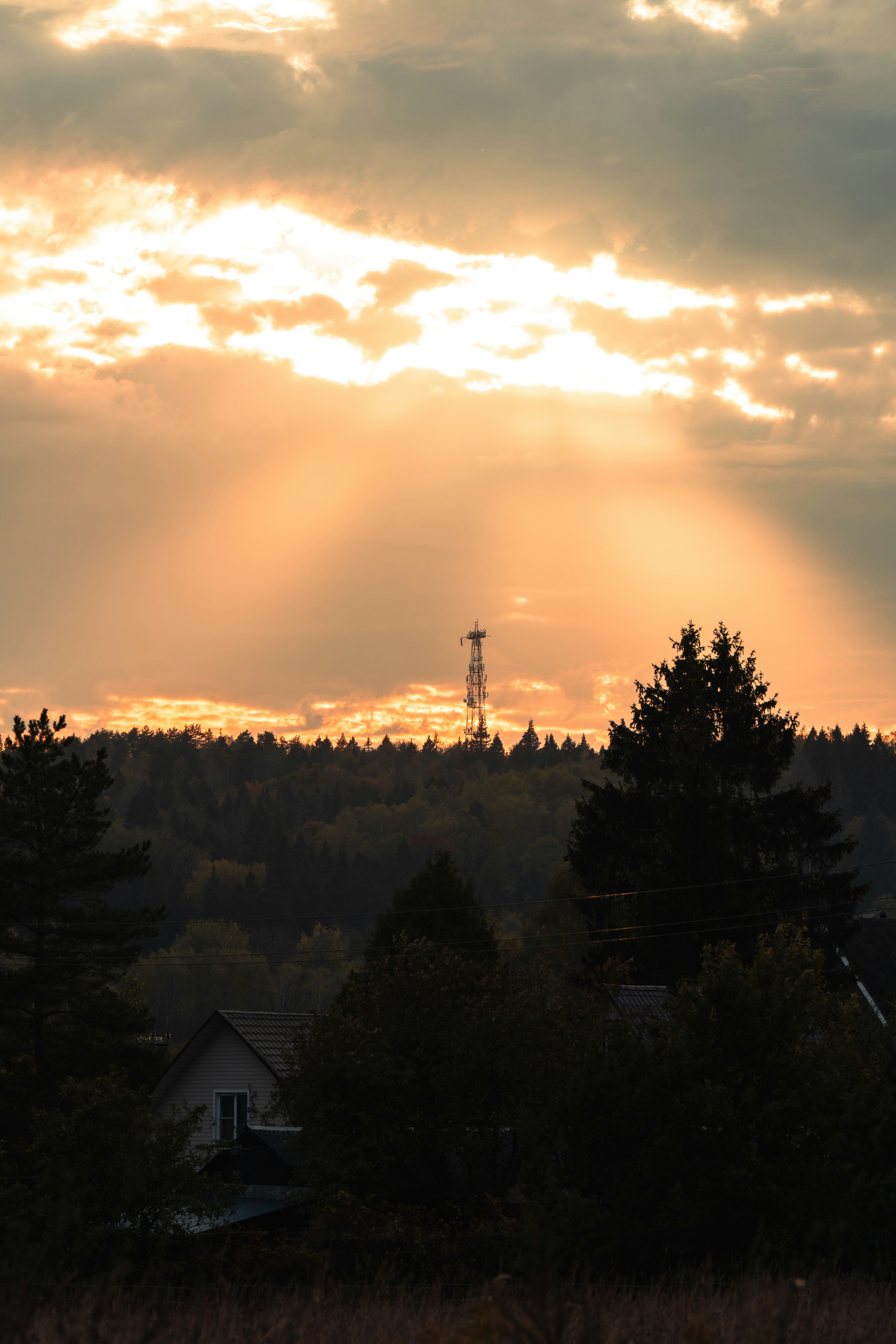 Sunbeams breaking through clouds over forest and houses.