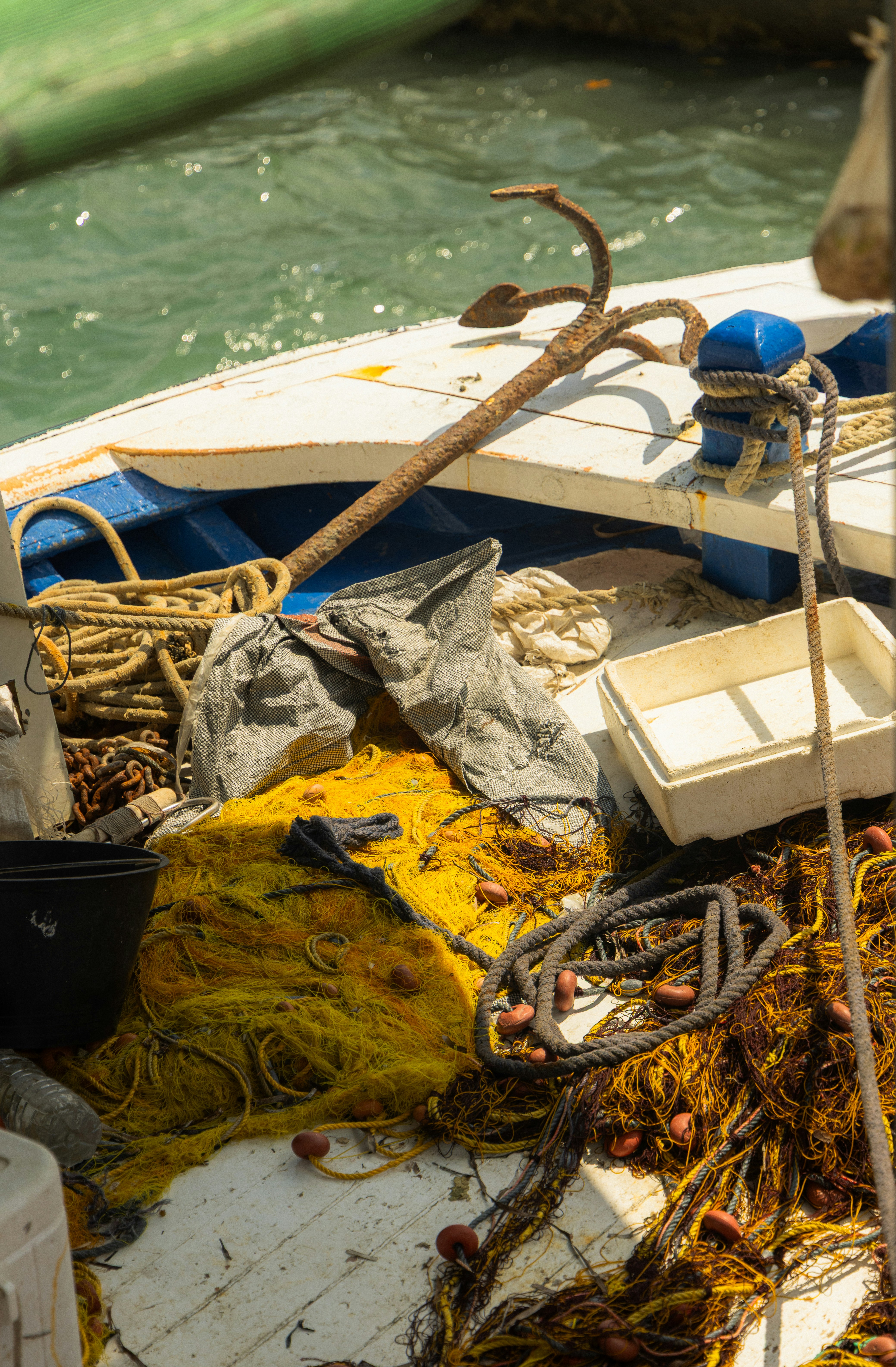 Fishing nets and anchor on a boat