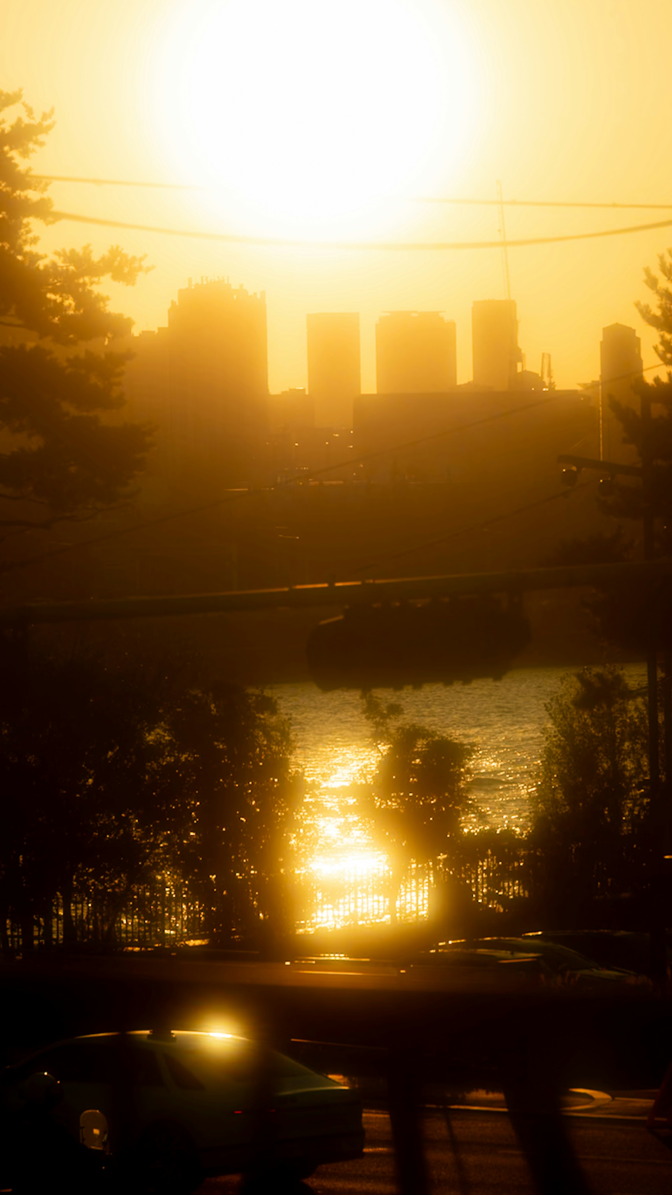 City skyline at sunset over water with cars.