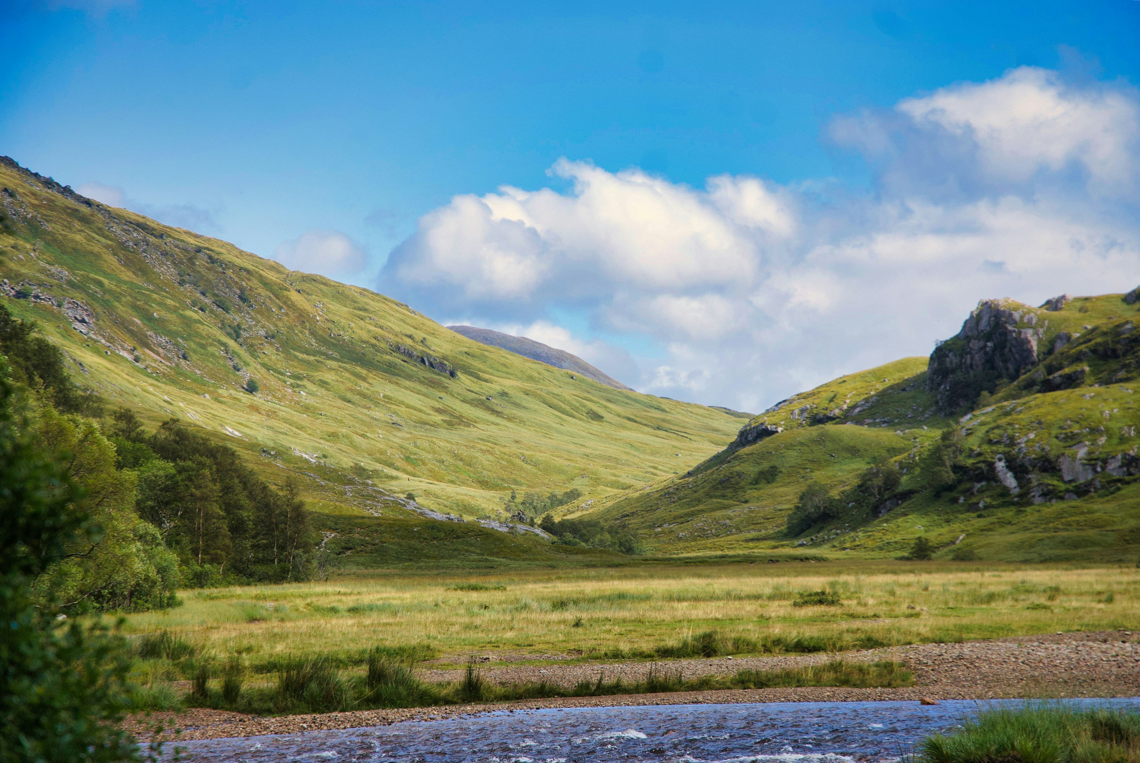 Grassy valley with a river under a blue sky.