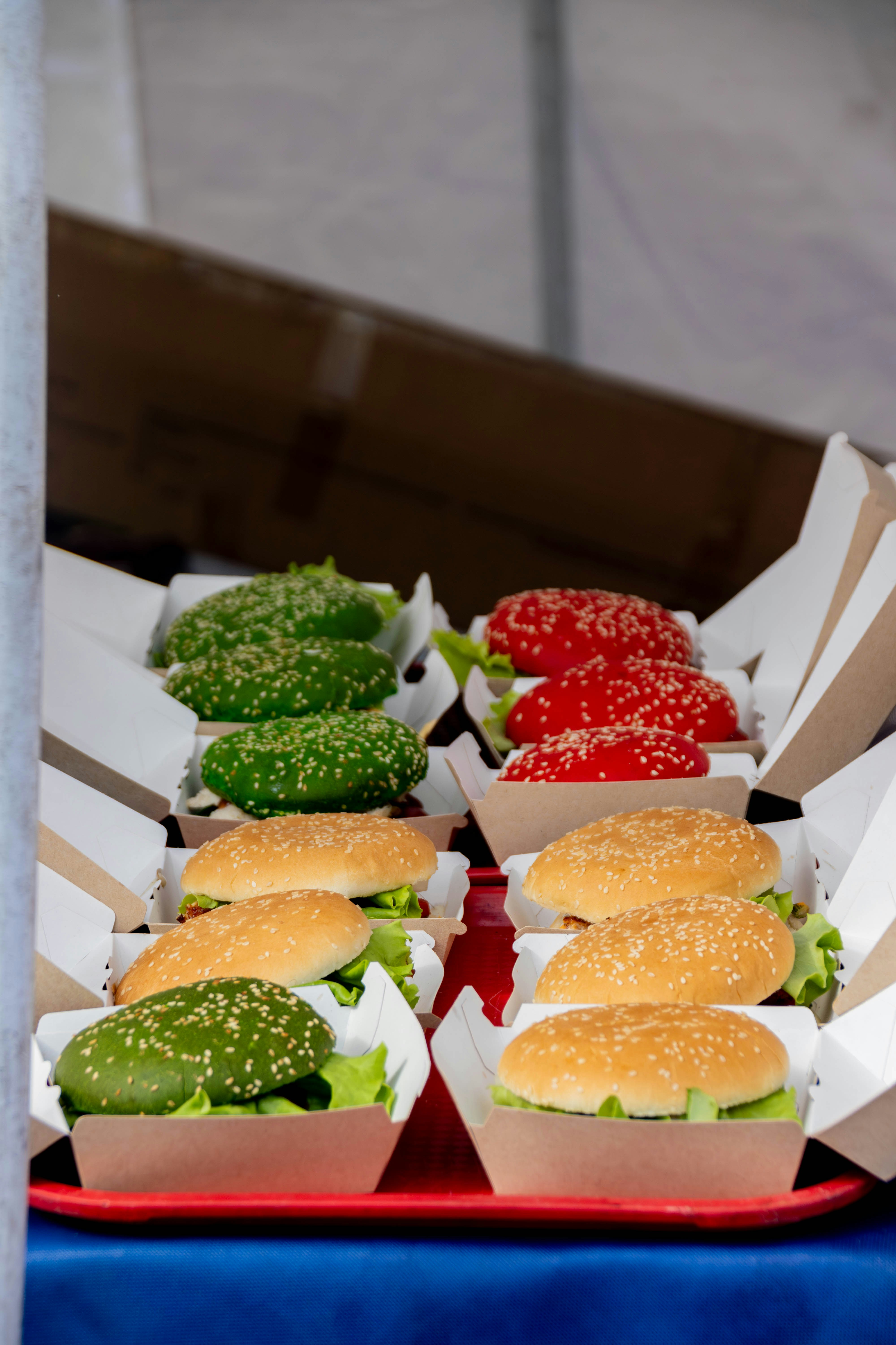 Color burger | Colorful gourmet burgers arranged in rows