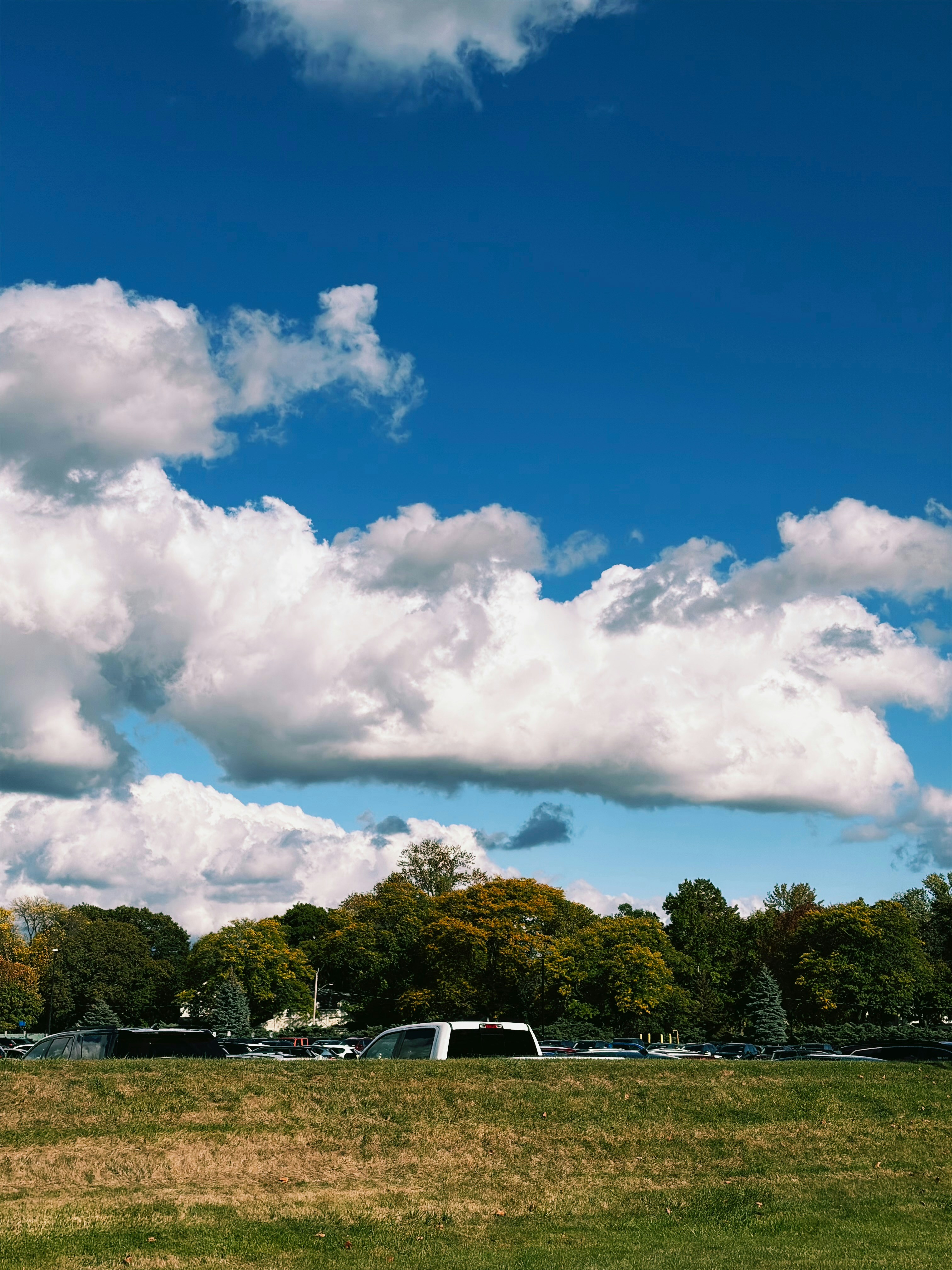 White van driving on a road with trees and clouds.