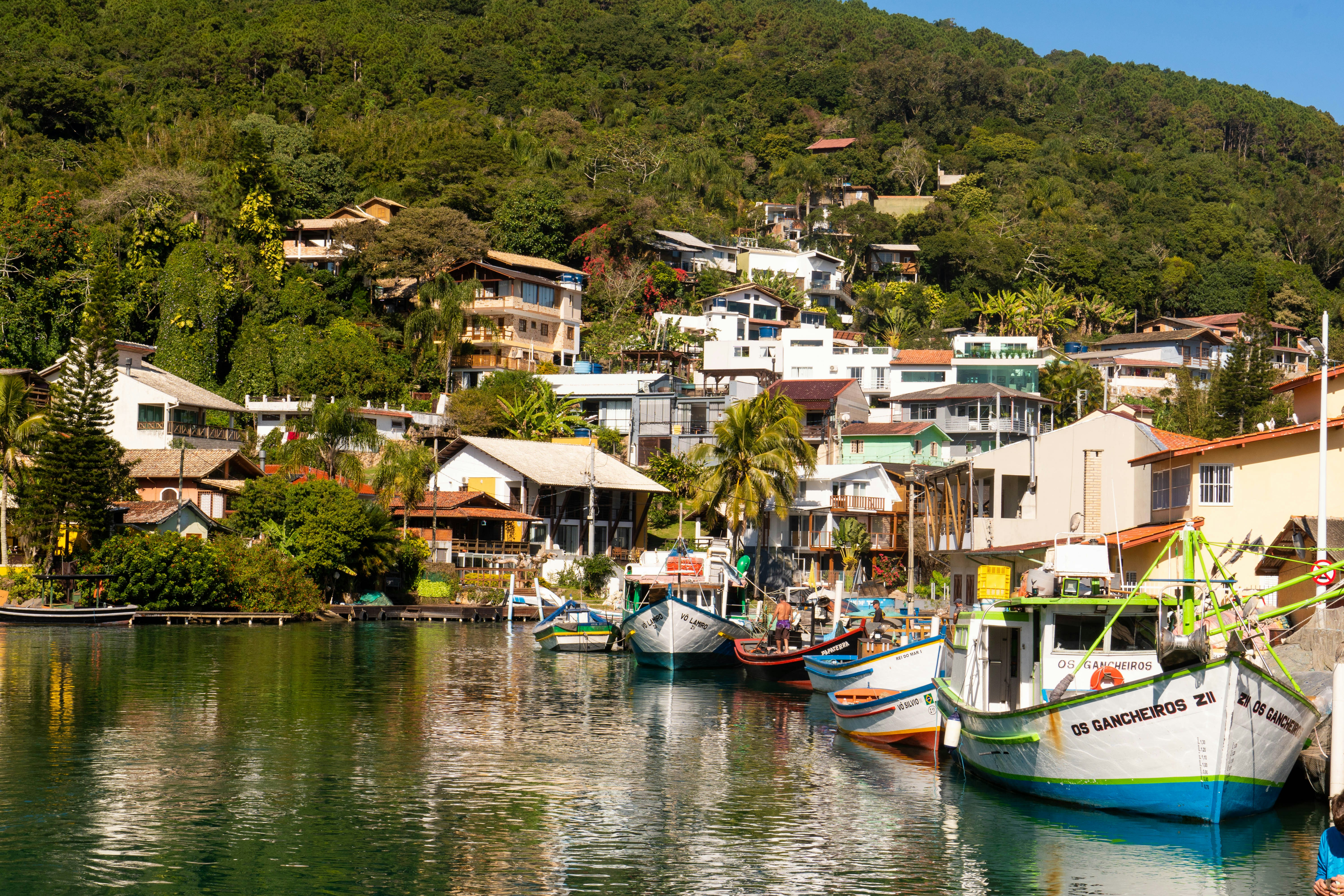 Barcos atracados en un puerto con casas en la ladera. foto – Imagen de ...