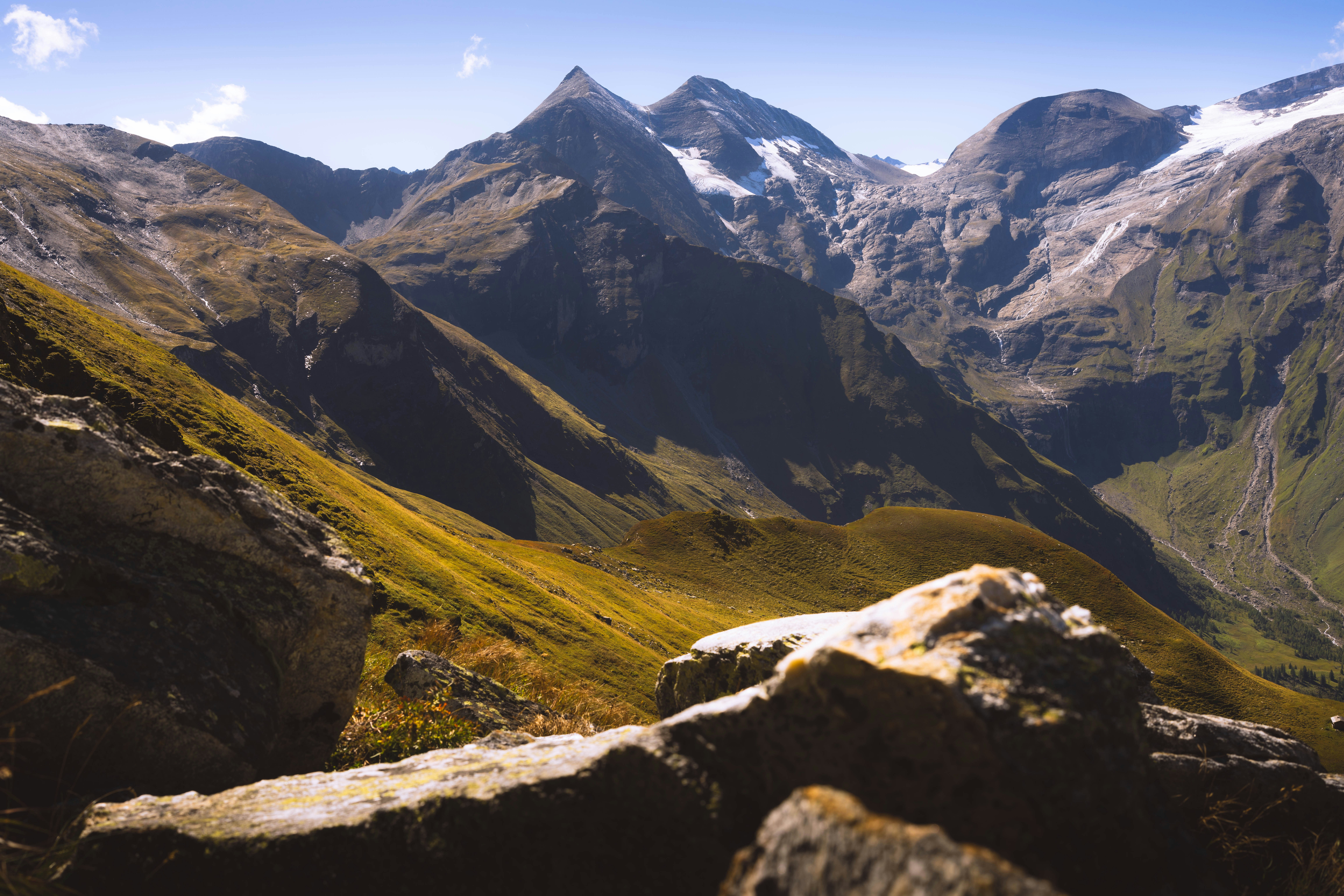 Majestic mountain peaks under a clear blue sky.