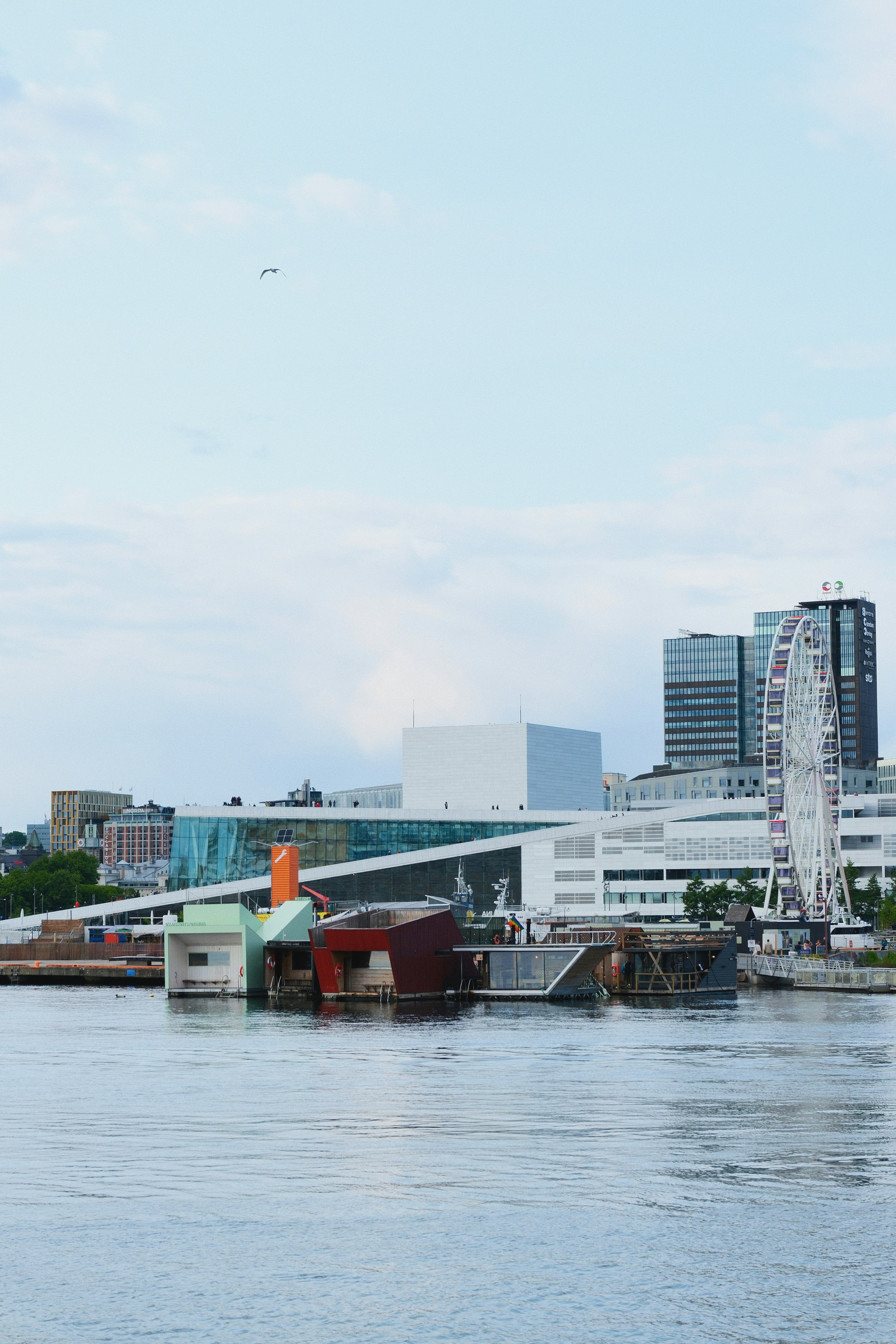 Modern buildings and ferris wheel by the water