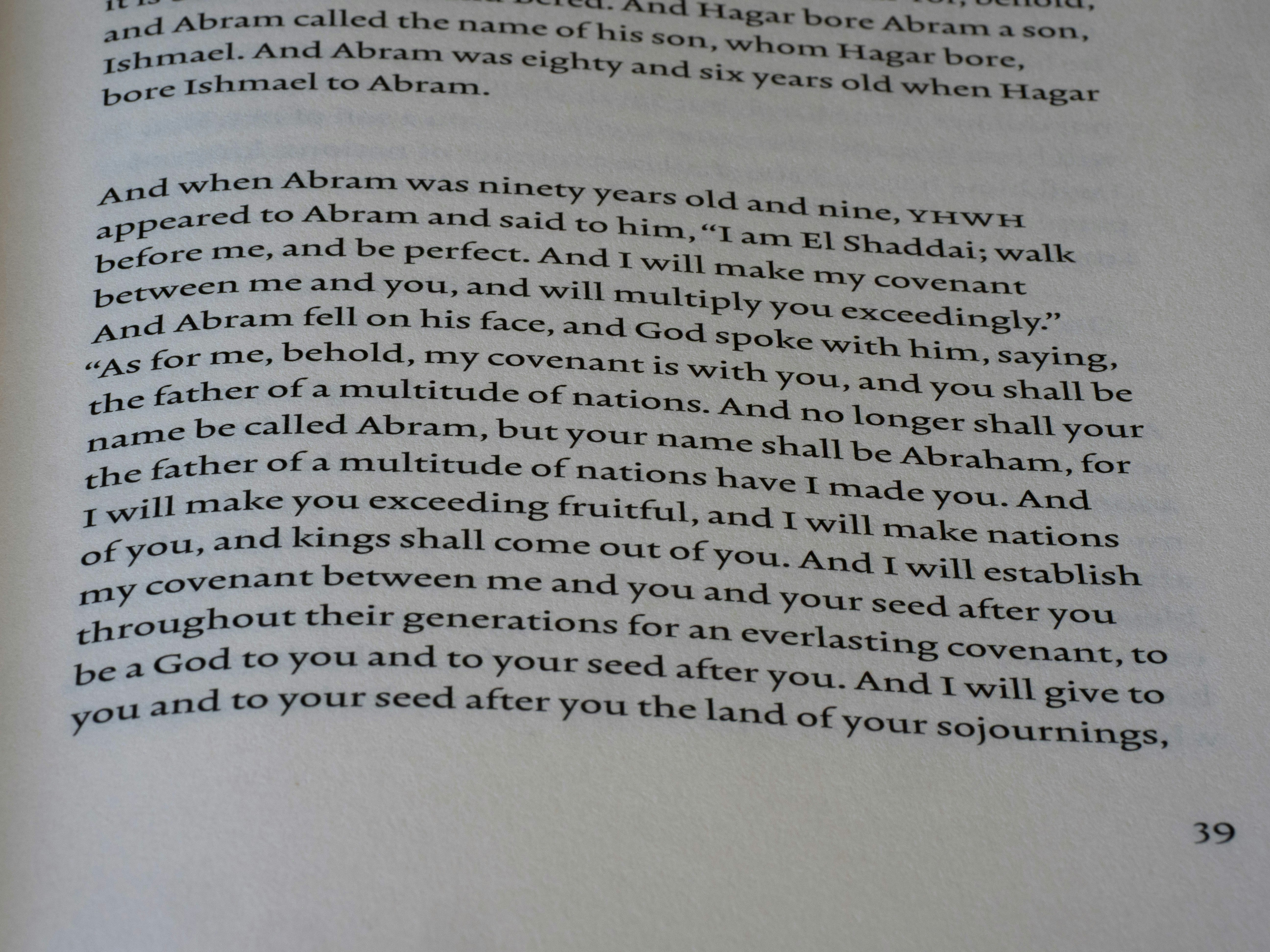 Text excerpt detailing the covenant between Abram and YHWH, emphasizing the promise of a multitude of nations. Page 39 of a religious text.
