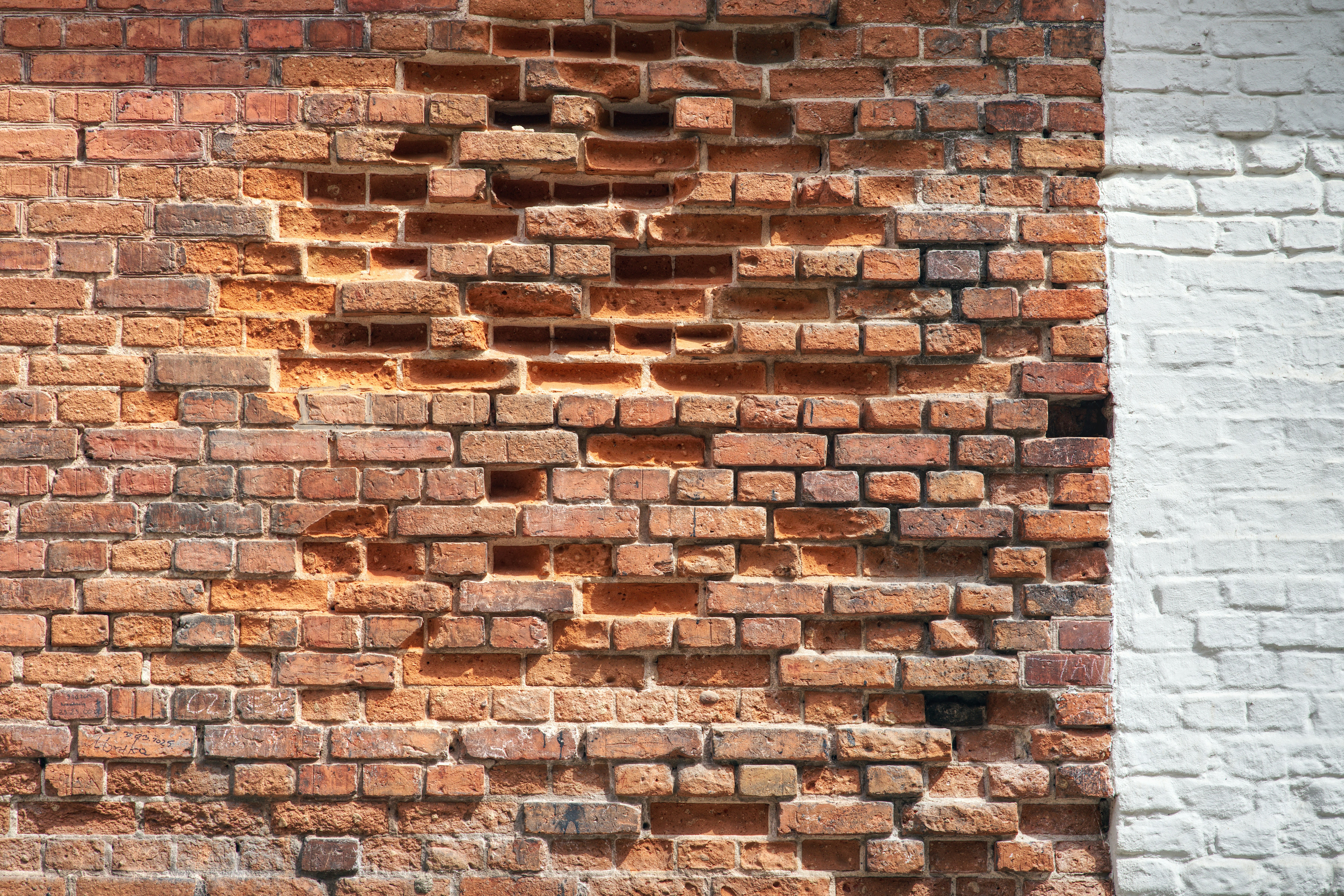 Damaged red brick wall with white painted section