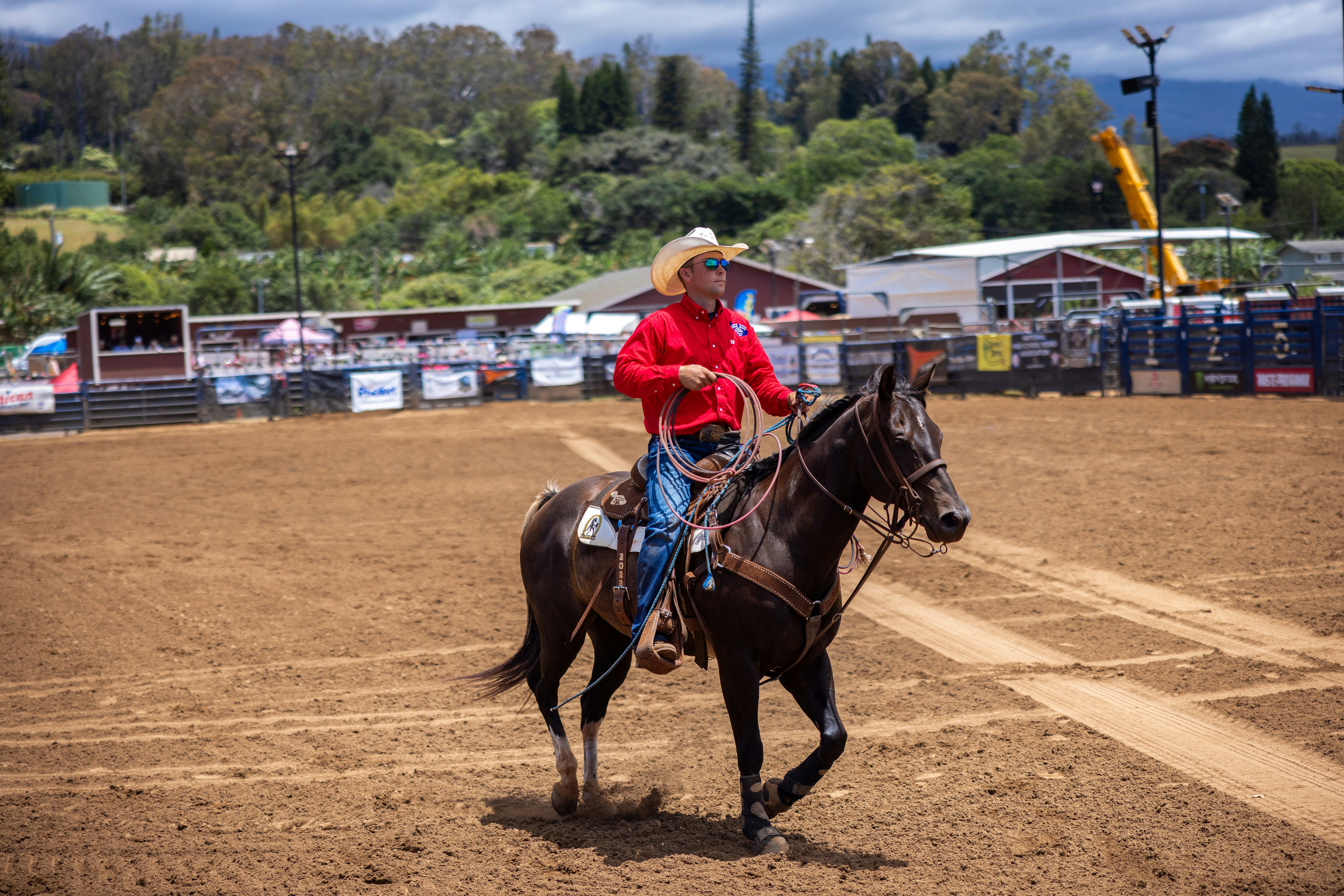 Cowboy in a red shirt skillfully riding a horse during a rodeo event, with a vibrant background of spectators and greenery.