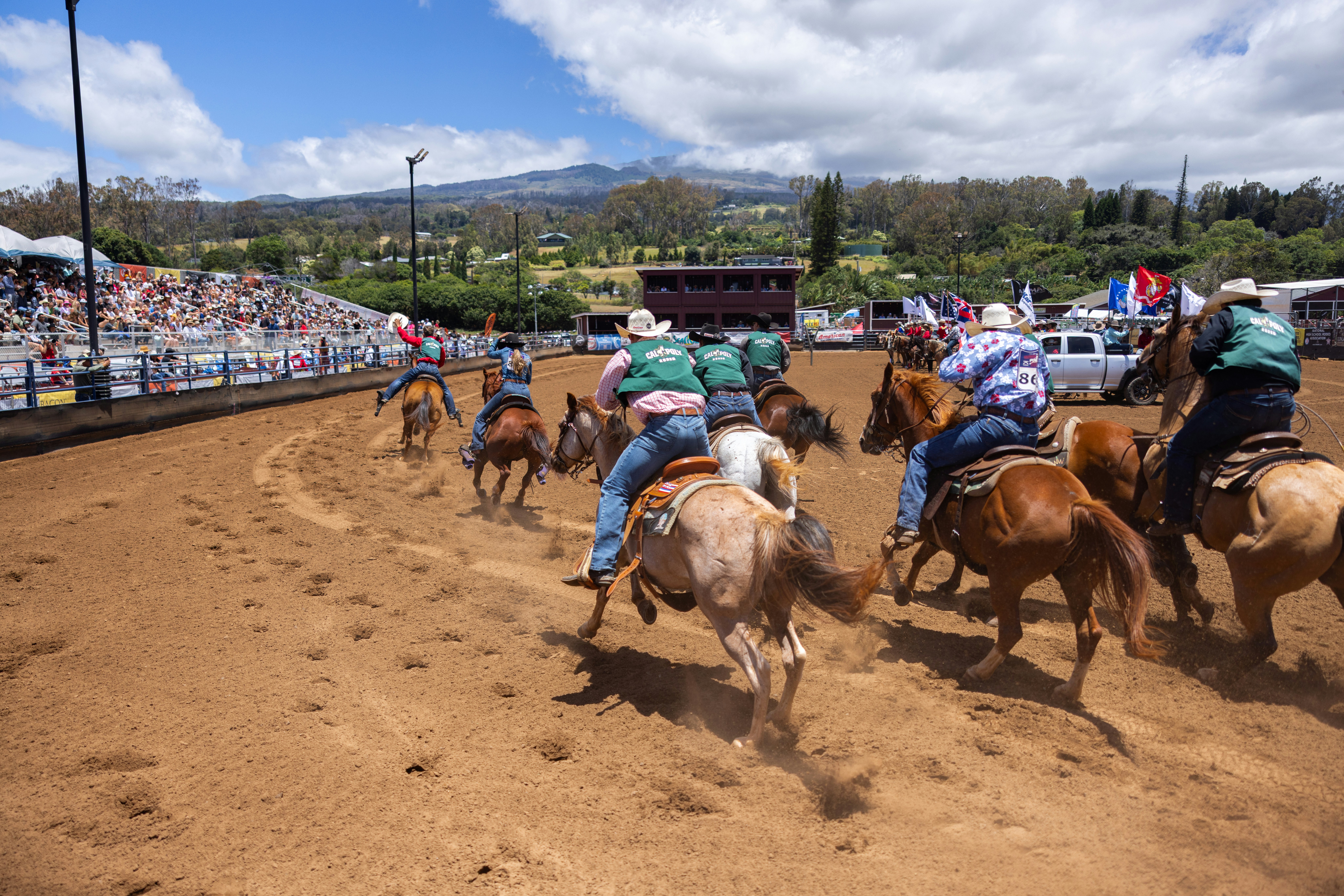 Dust Trails and Converging Hooves in a Sunlit Rodeo Arena