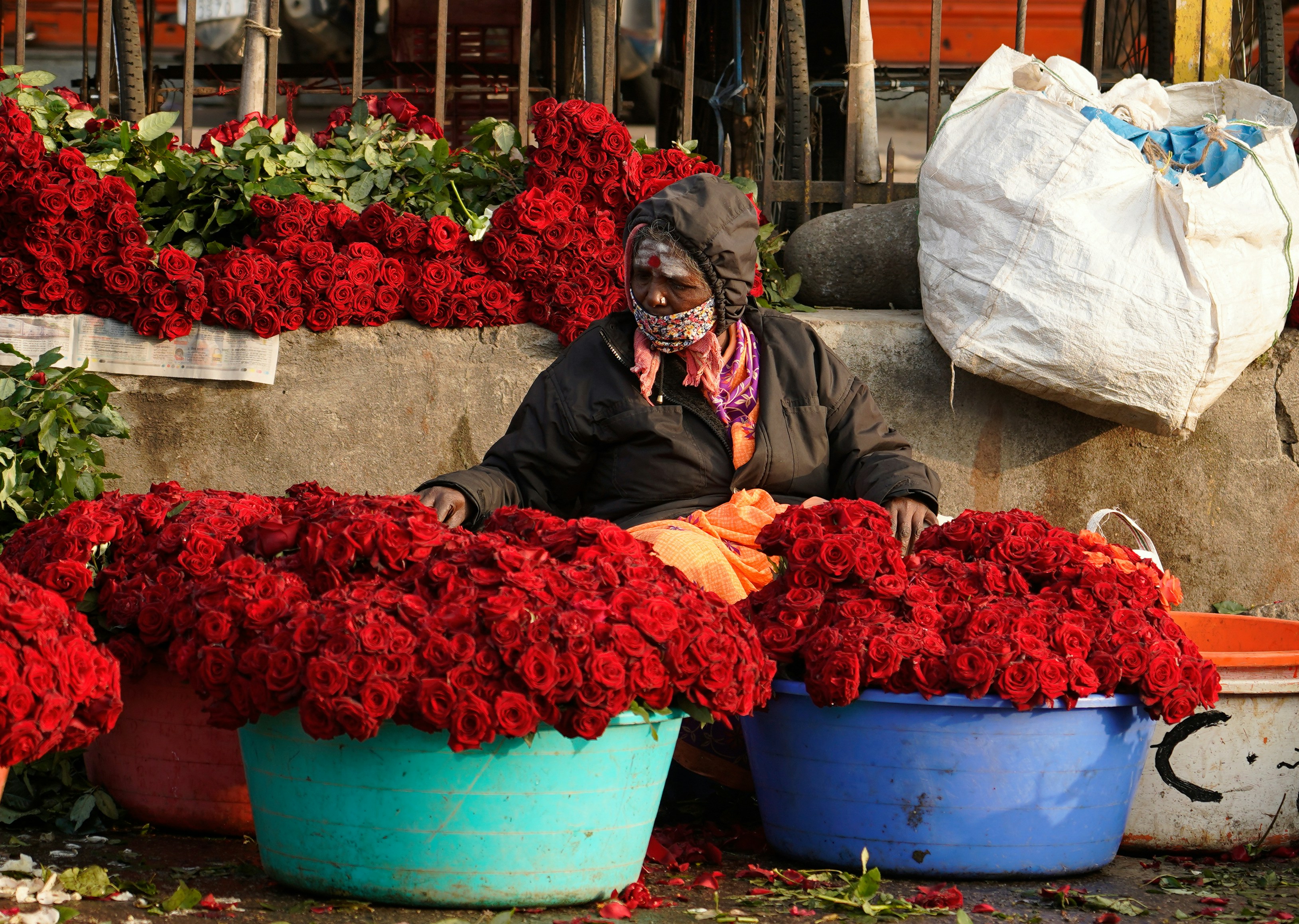 women selling flower in flower market | Vendor surrounded by buckets of red roses