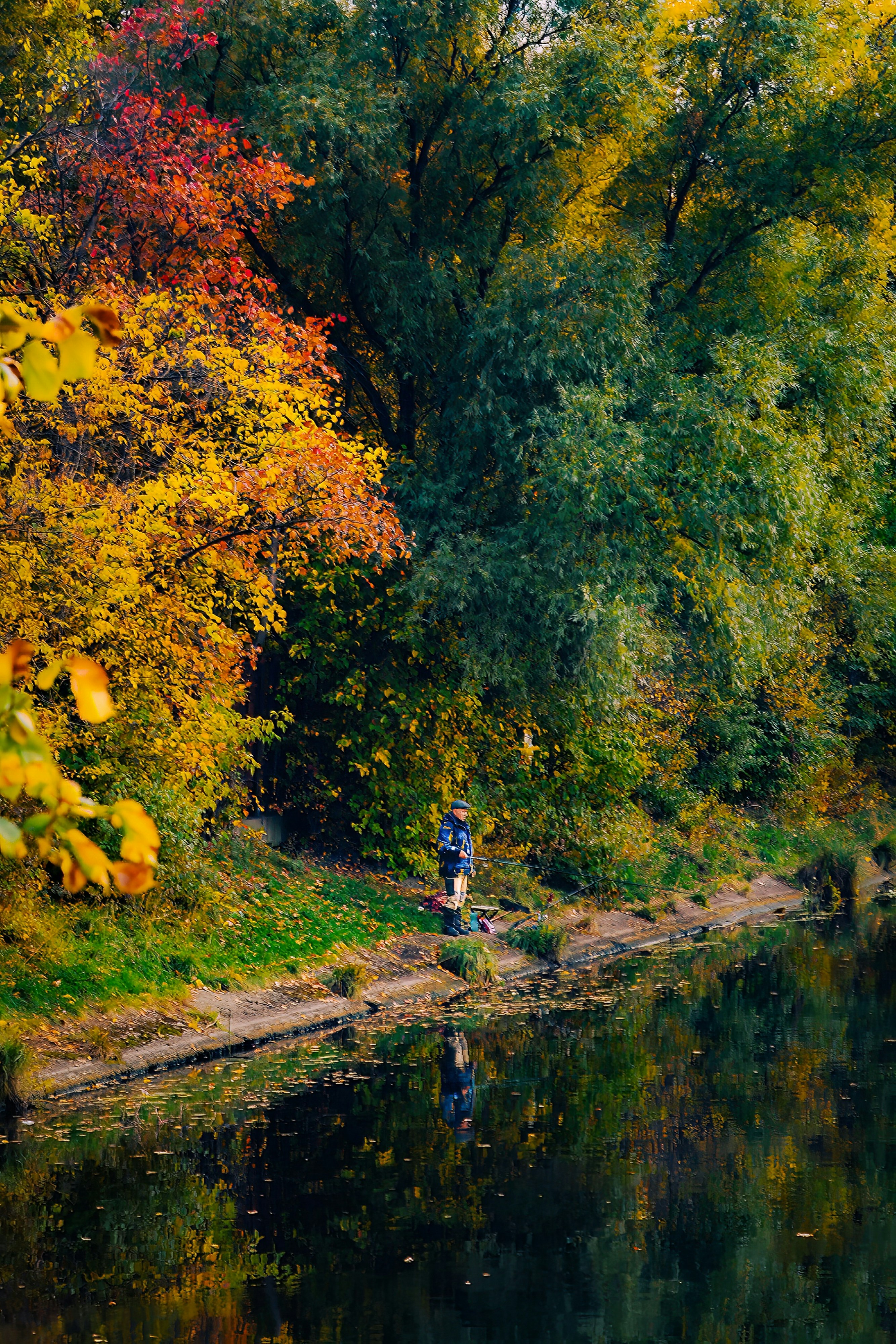 A solitary figure stands by a tranquil riverbank, surrounded by vibrant autumn foliage reflecting in the water. 