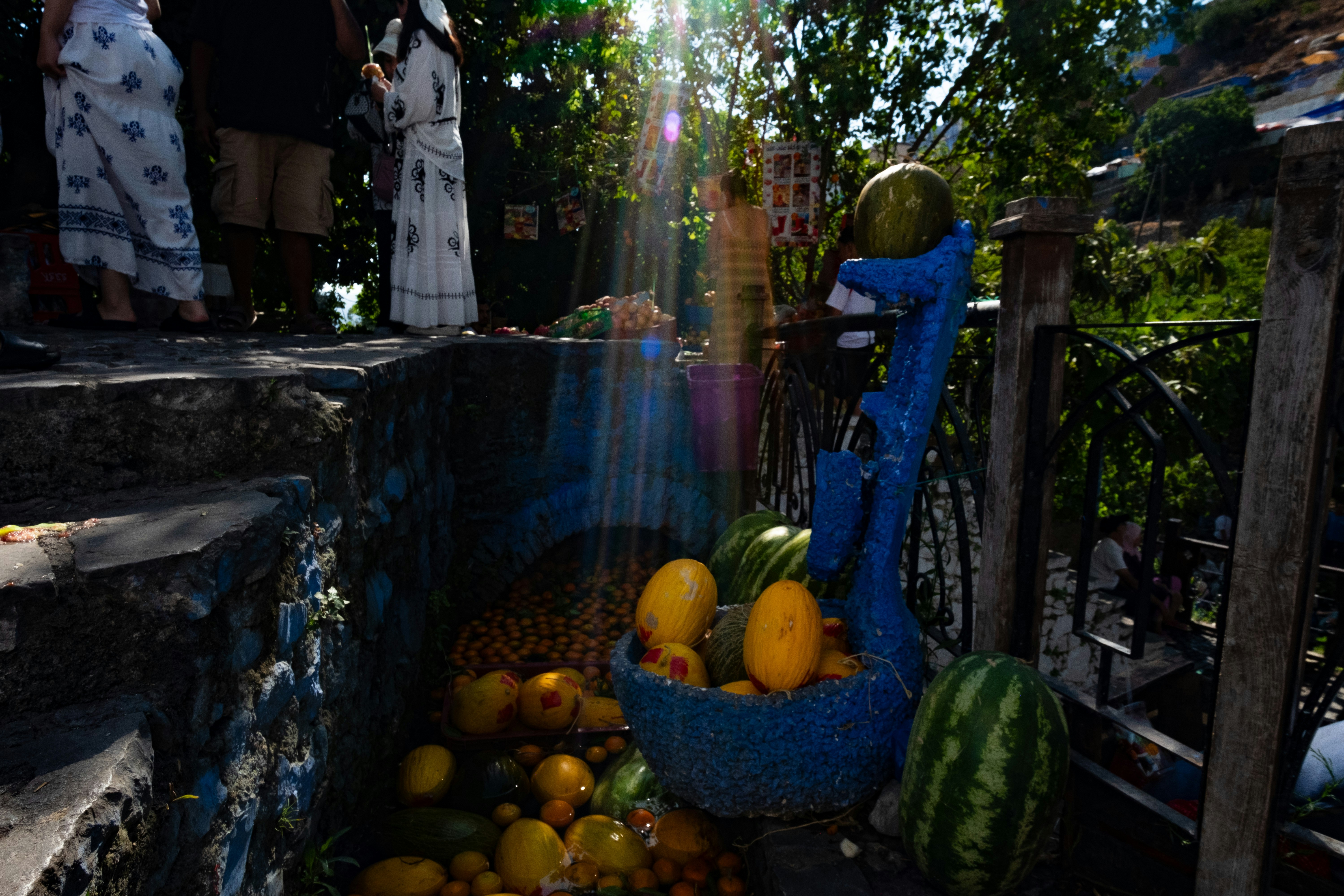 Various fruits displayed outdoors with sunlight shining.