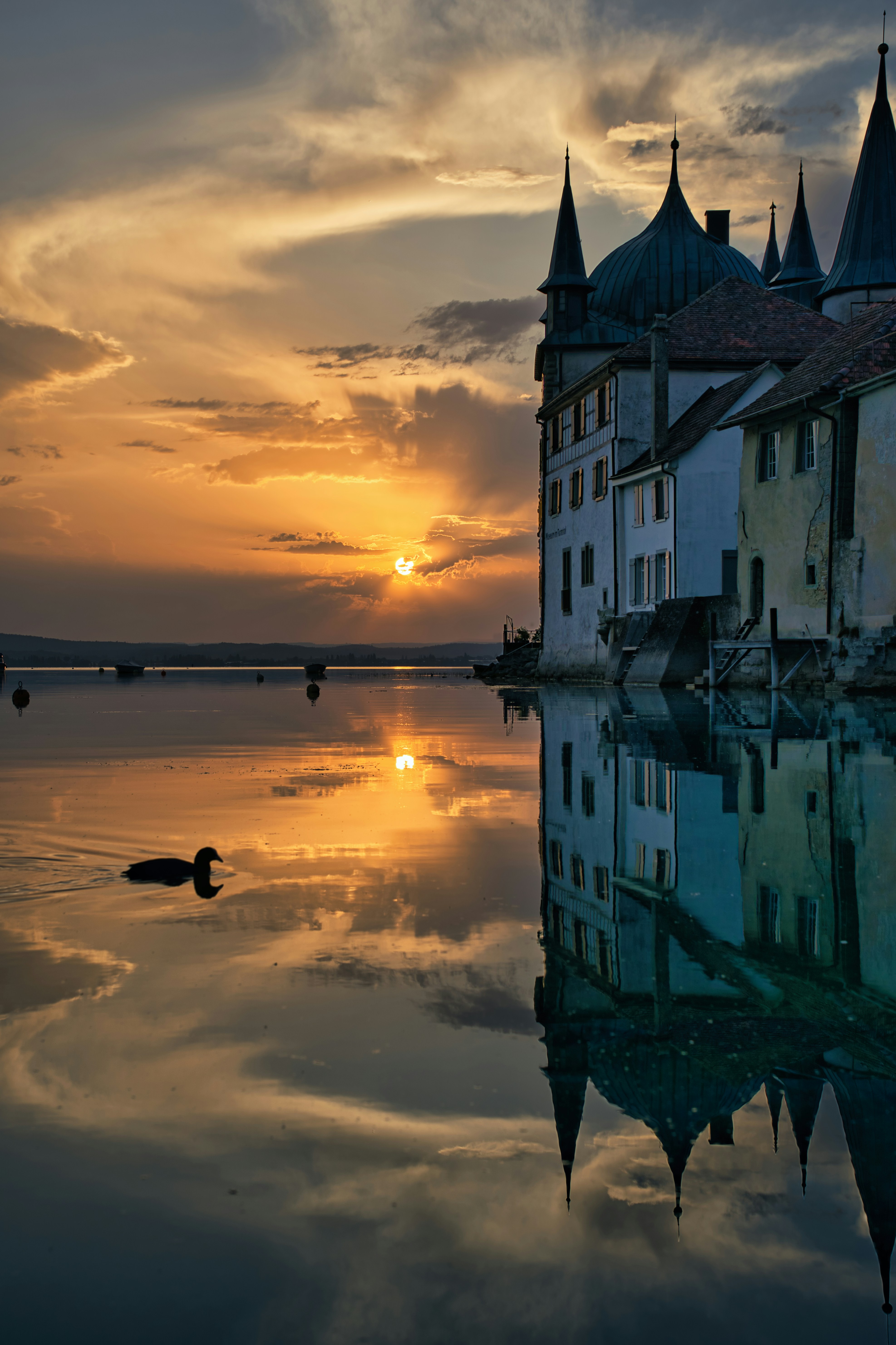 A tranquil lakeside scene featuring a historic building silhouetted against a vibrant sunset, with reflections shimmering in the calm water. A solitary duck glides peacefully across the surface.
