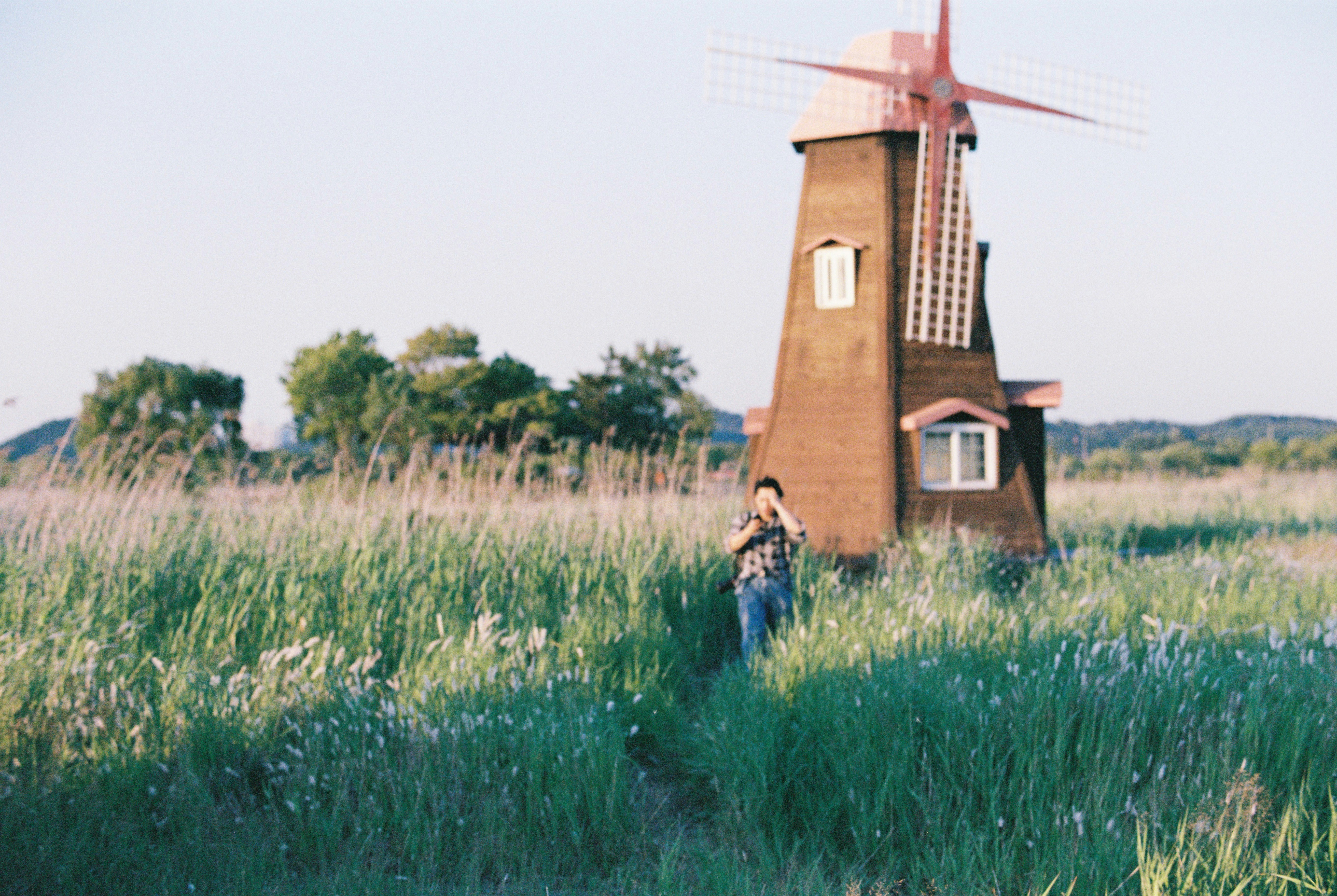 Person standing near a windmill in a grassy field.