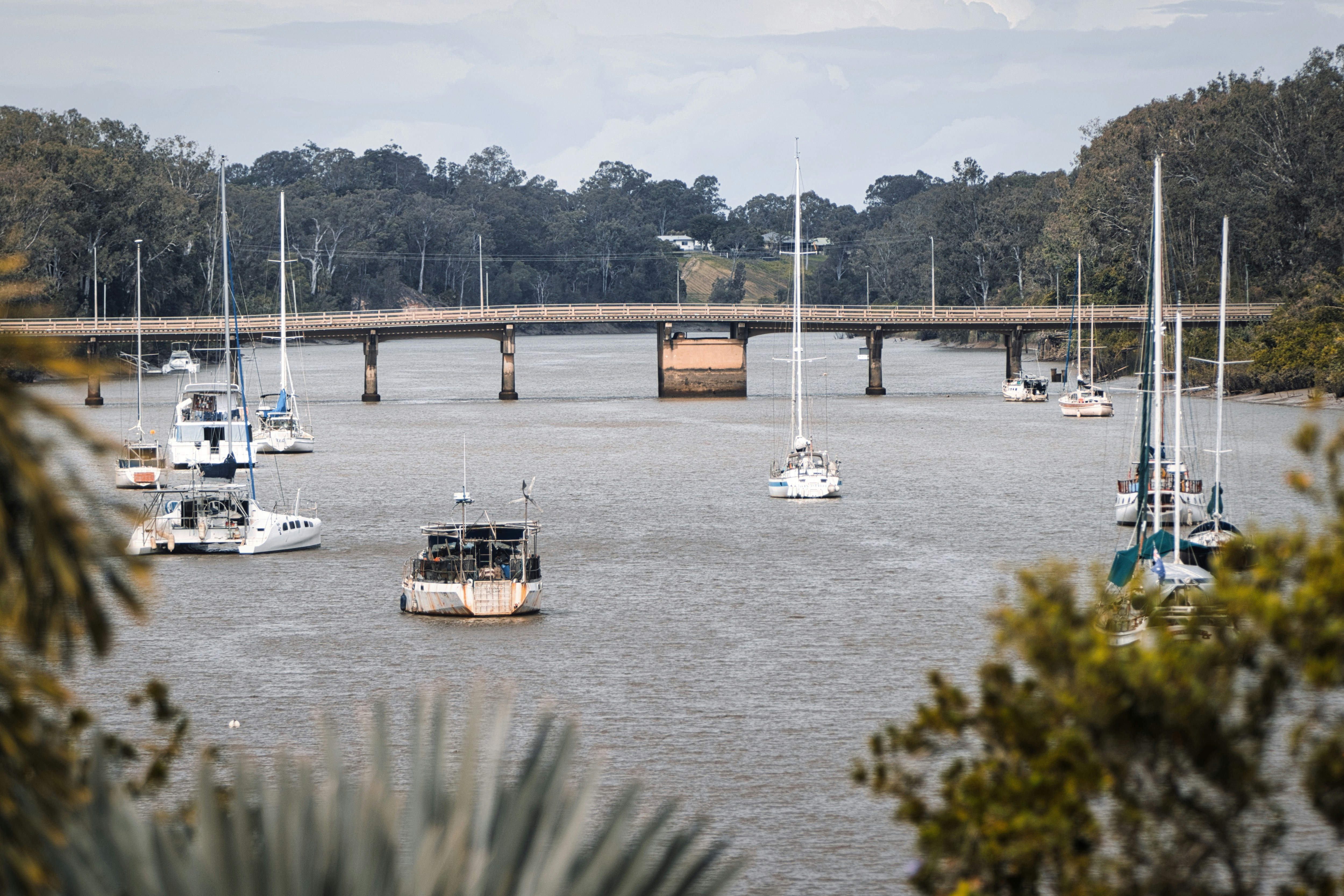 A collection of boats anchored in a calm river under a bridge, framed by lush greenery on the banks. The scene evokes a sense of peace and connection with nature.