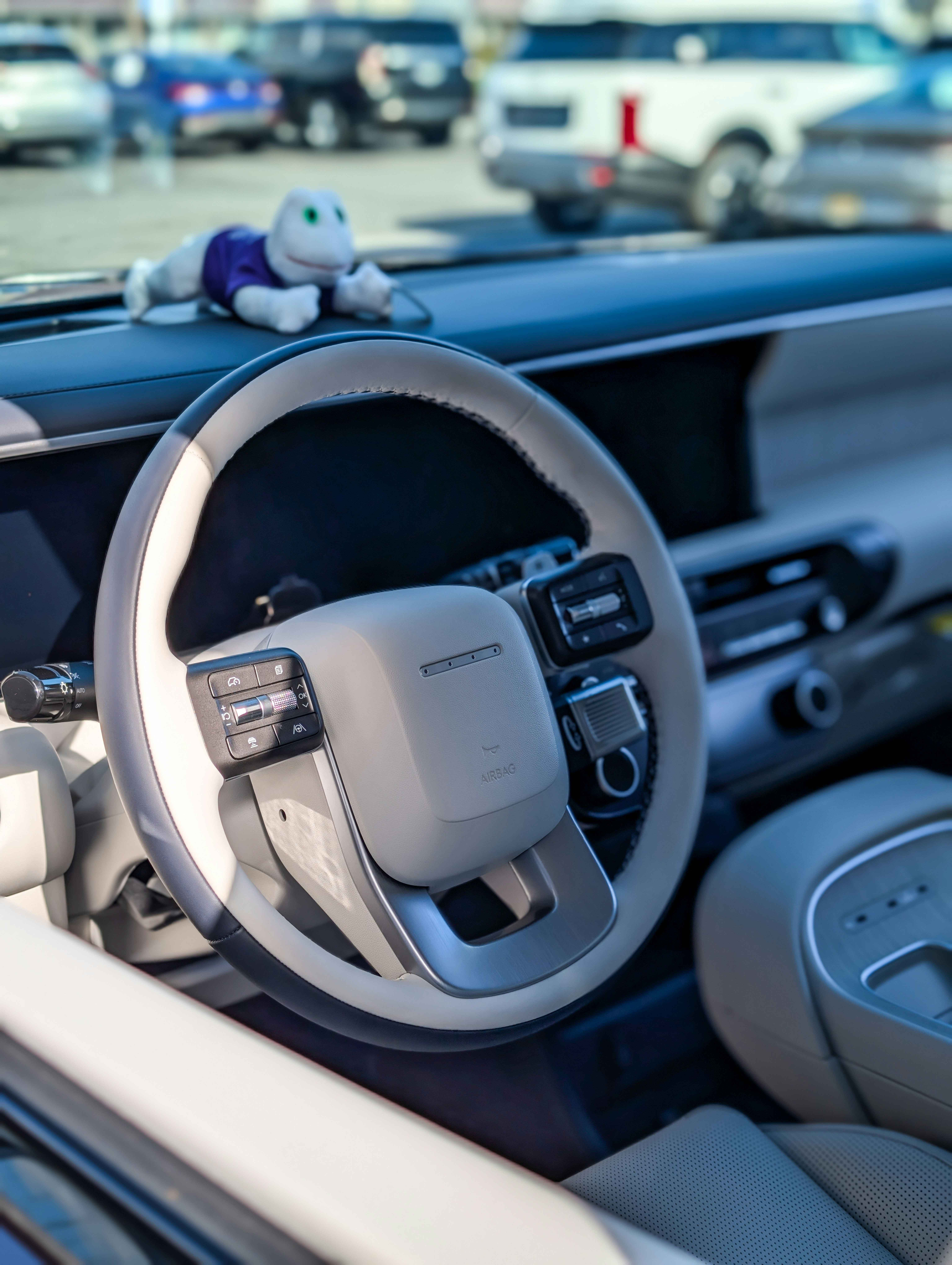 An amazing look at the driver's perspective in this innovative EV. The distinctive steering wheel and clean, open dashboard design create a wonderfully modern and welcoming atmosphere for any drive. | A stuffed toy sits on a car's dashboard.