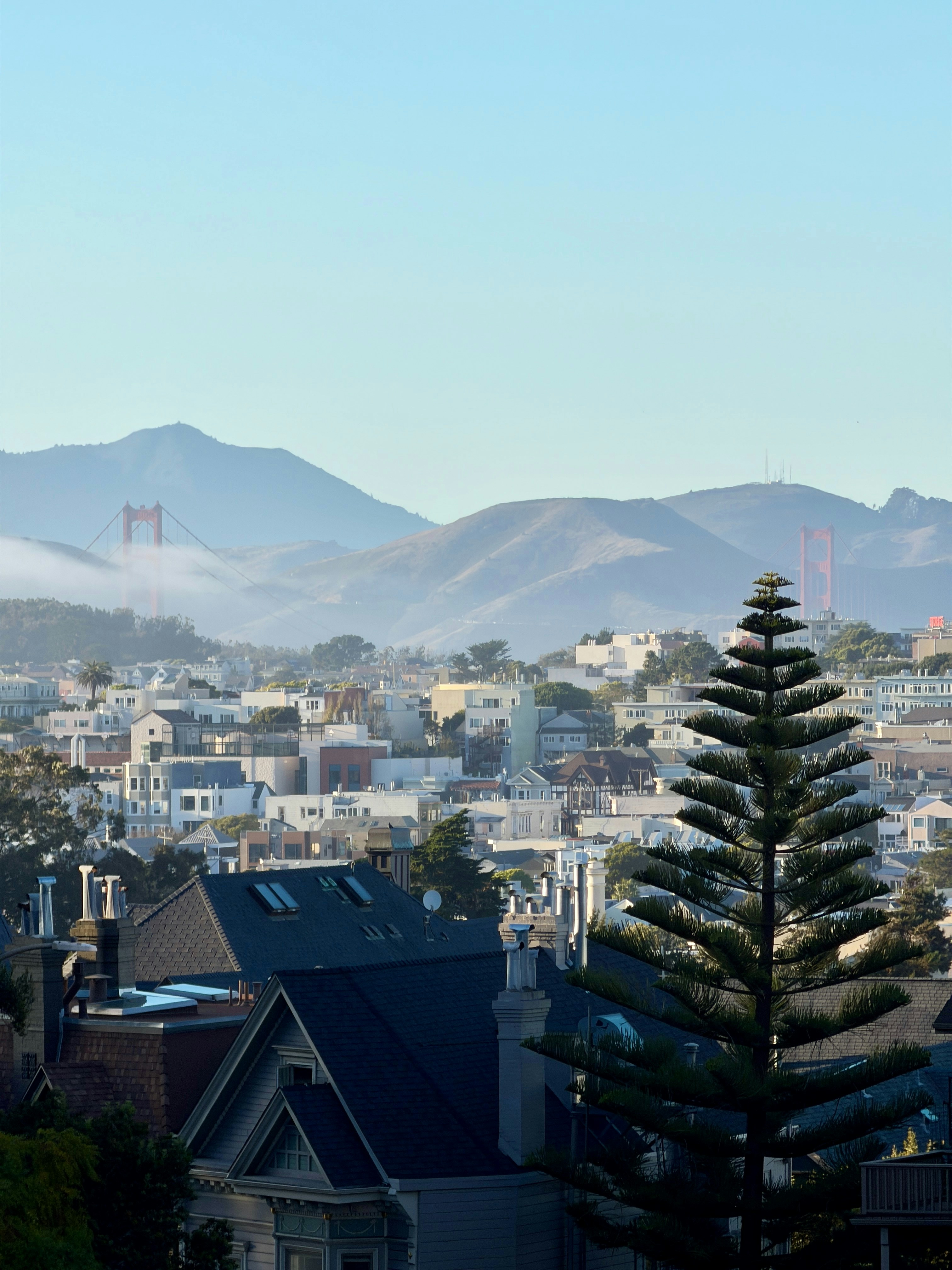 Cityscape with mountains and the golden gate bridge.