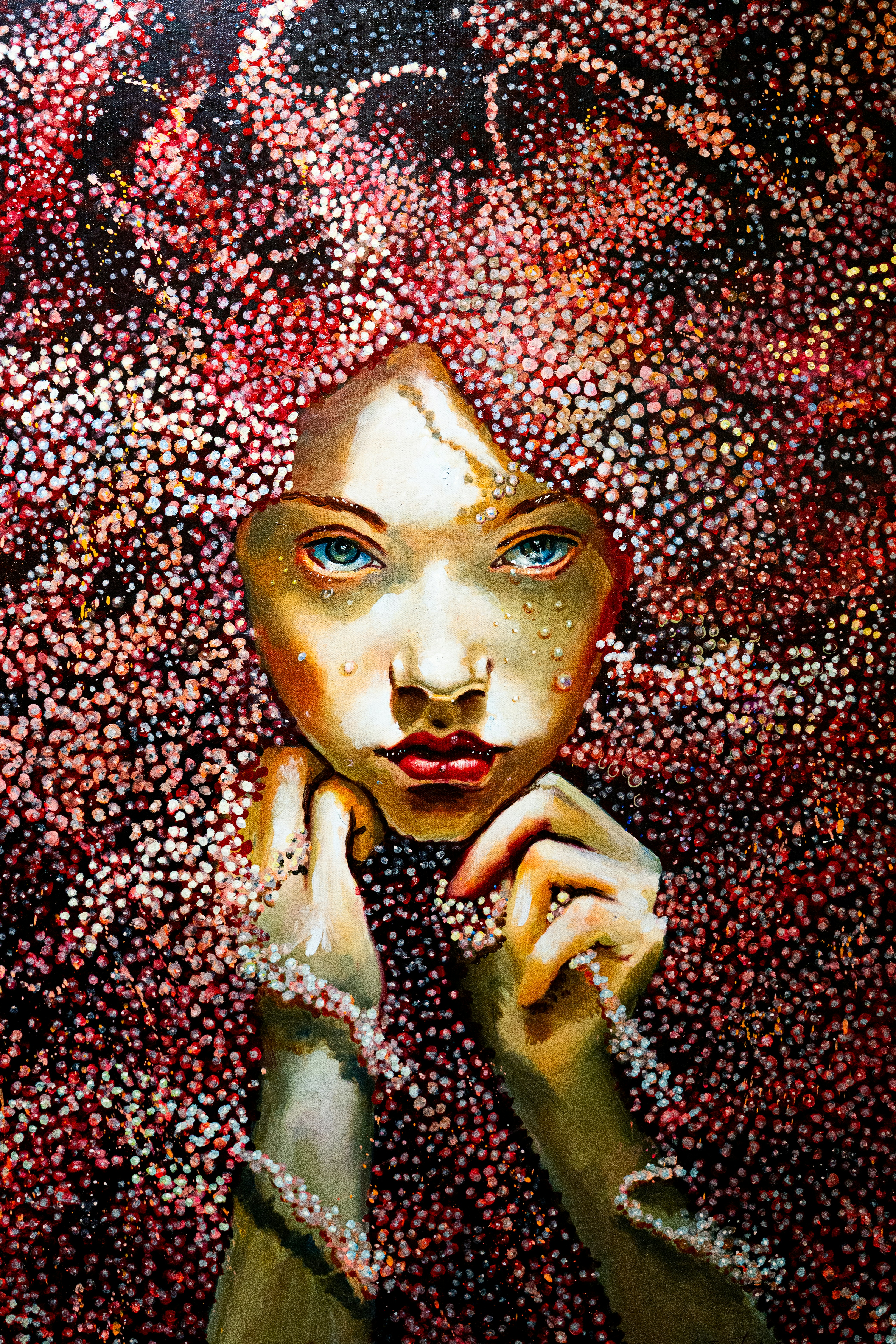 A surreal painting of a woman with striking blue eyes, surrounded by a textured backdrop of vibrant colors and abstract patterns. The artwork evokes a sense of mystery and depth.