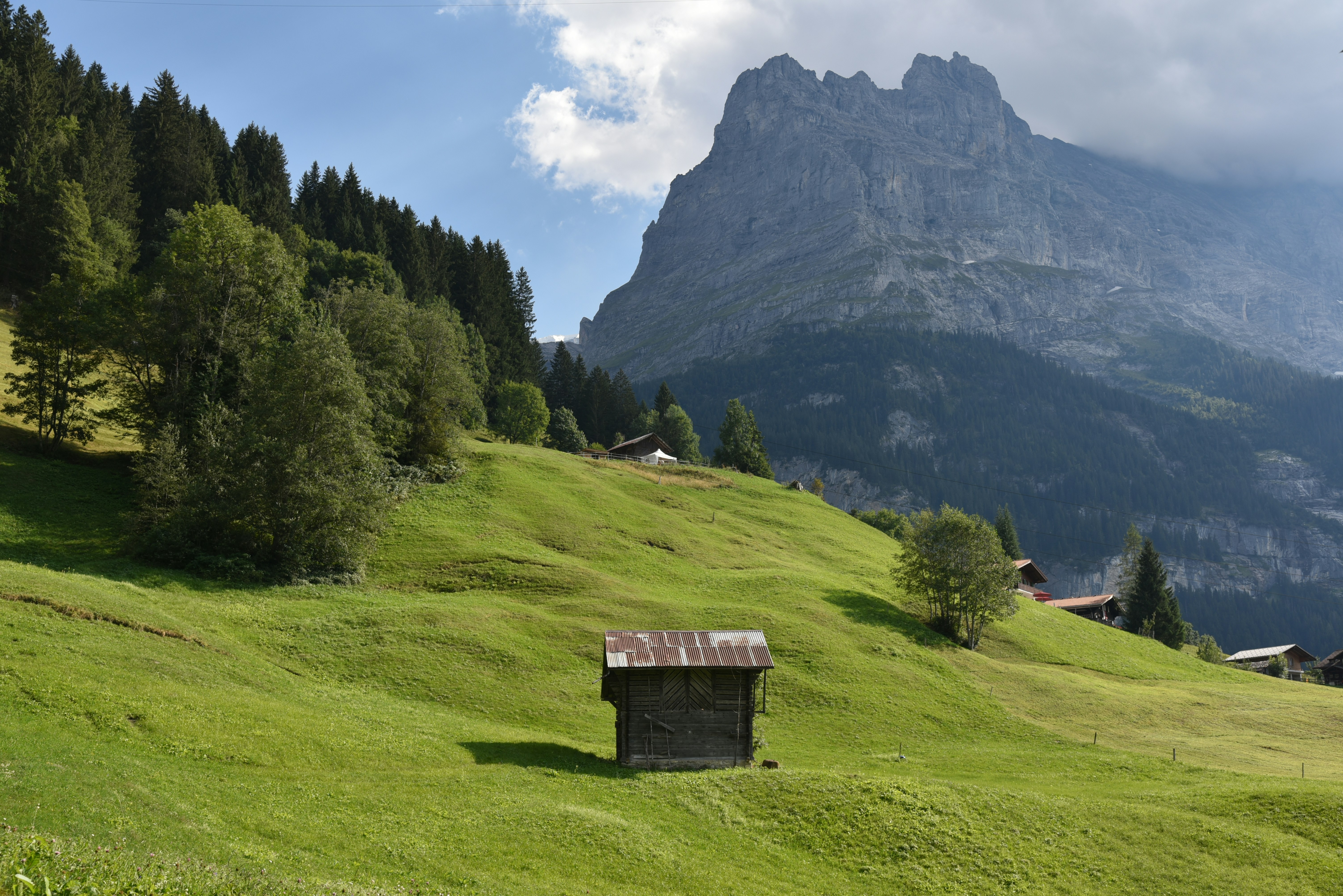 A rustic wooden shed nestled in a lush green meadow, framed by towering mountains under a partly cloudy sky.