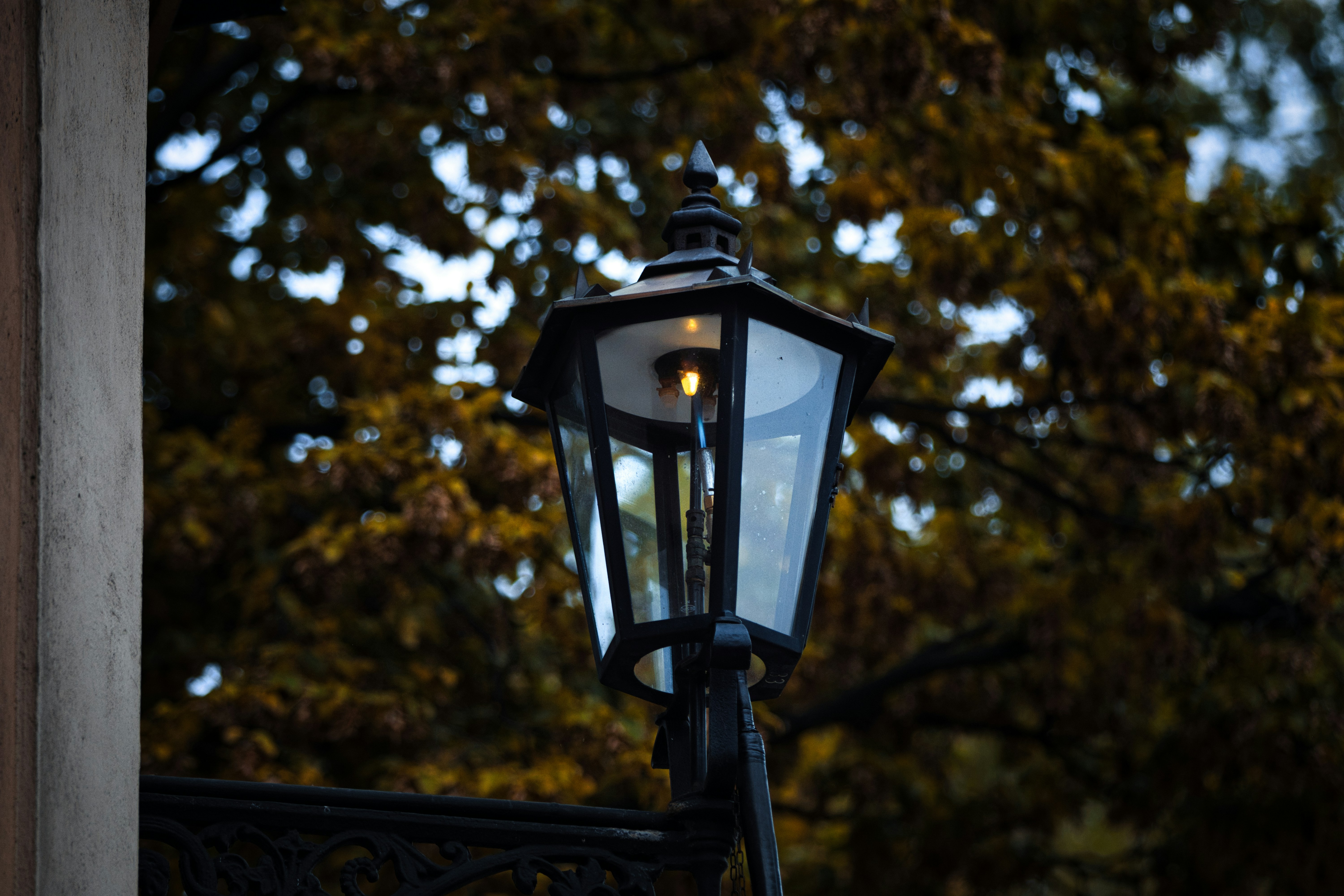 A vintage lantern glows against autumn trees